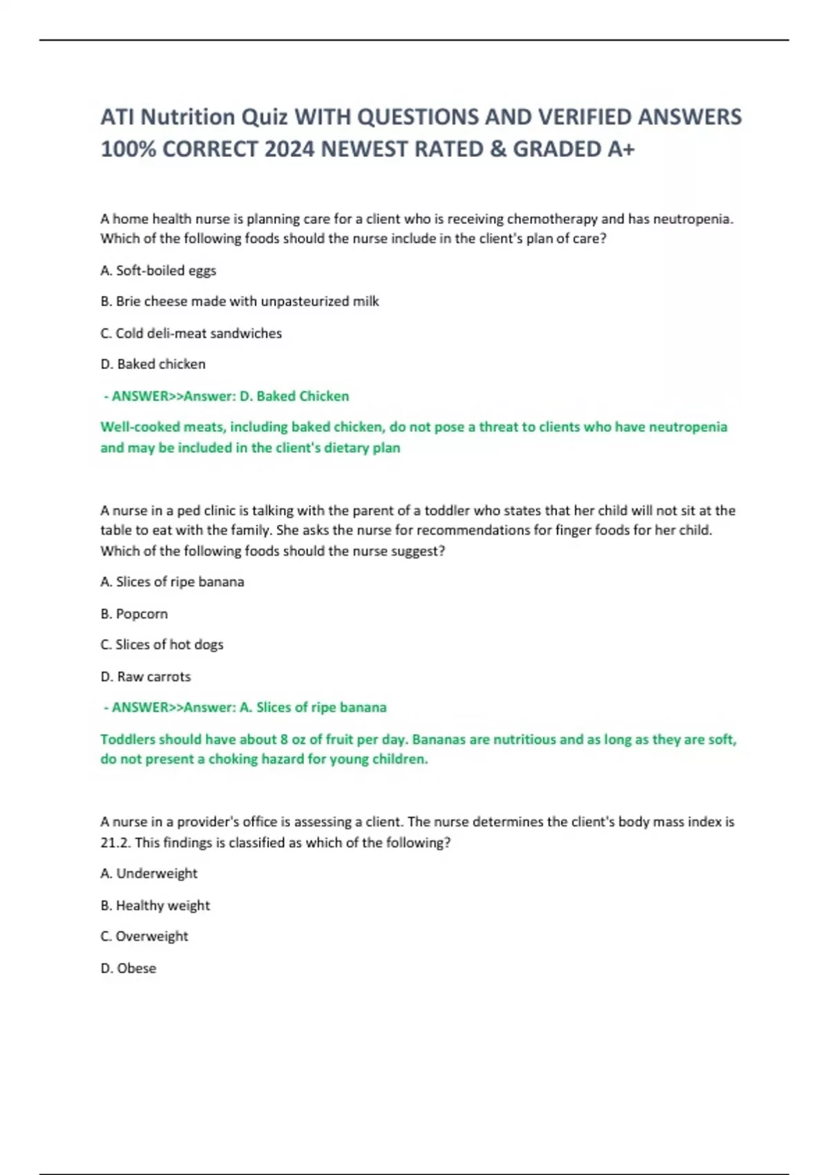 ATI Nutrition Quiz WITH QUESTIONS AND VERIFIED ANSWERS 100% CORRECT ...