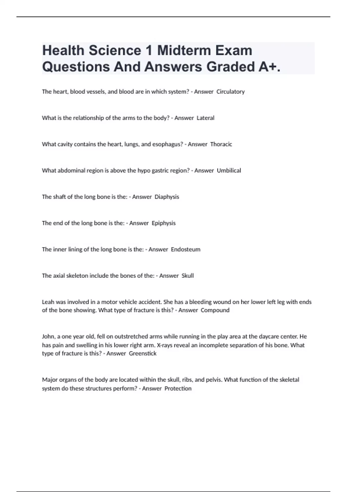 Health Science 1 Midterm Exam Questions And Answers Graded A+. - Health ...