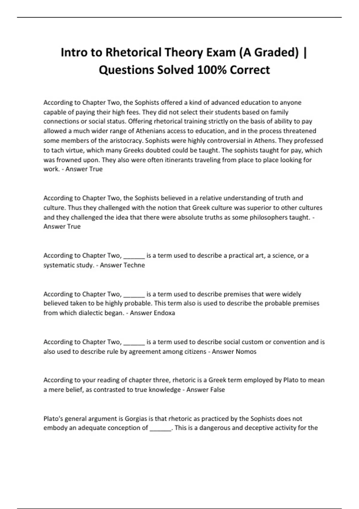 Intro to Rhetorical Theory Exam (A Graded) | Questions Solved 100% ...