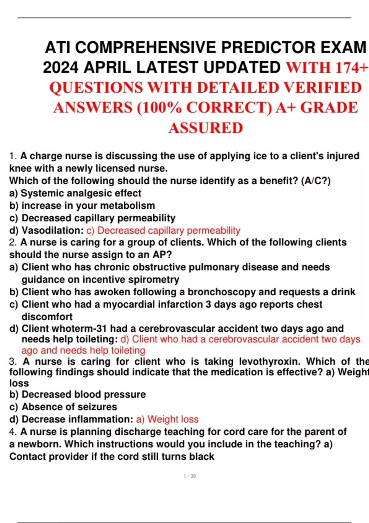 ATI COMPREHENSIVE PREDICTOR EXAM 2024 APRIL LATEST UPDATED WITH 174 ...