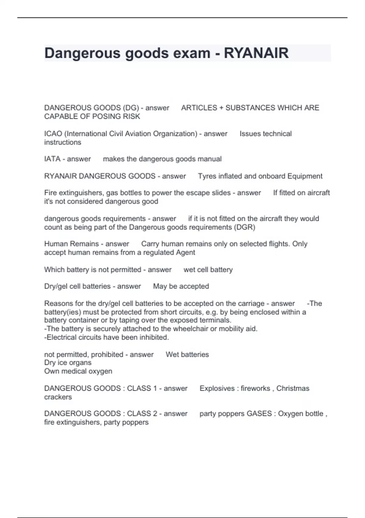Dangerous goods exam - RYANAIR Questions and Answers 2024 - IAAI CFI ...
