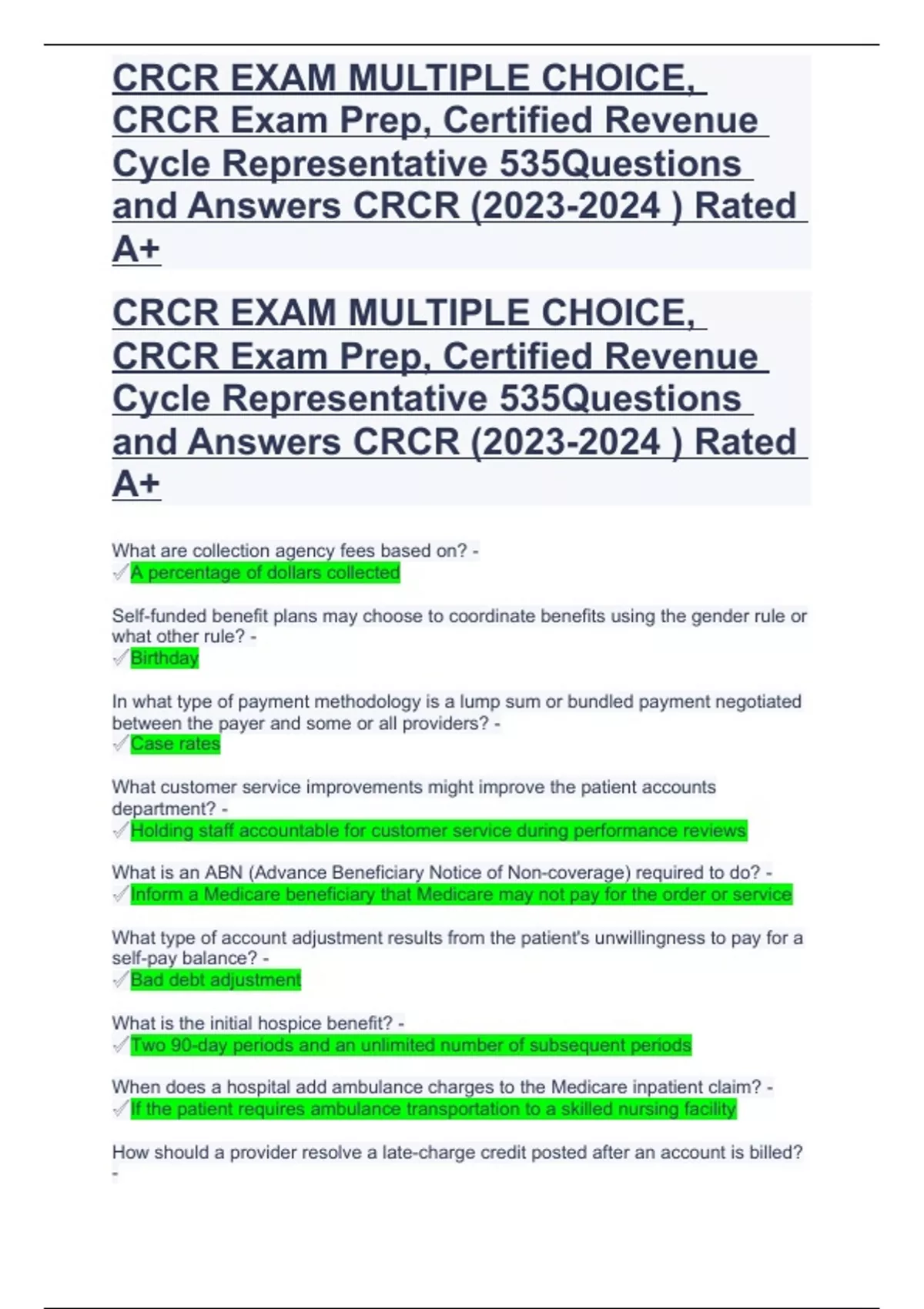 CRCR EXAM MULTIPLE CHOICE, CRCR Exam Prep, Certified Revenue Cycle ...