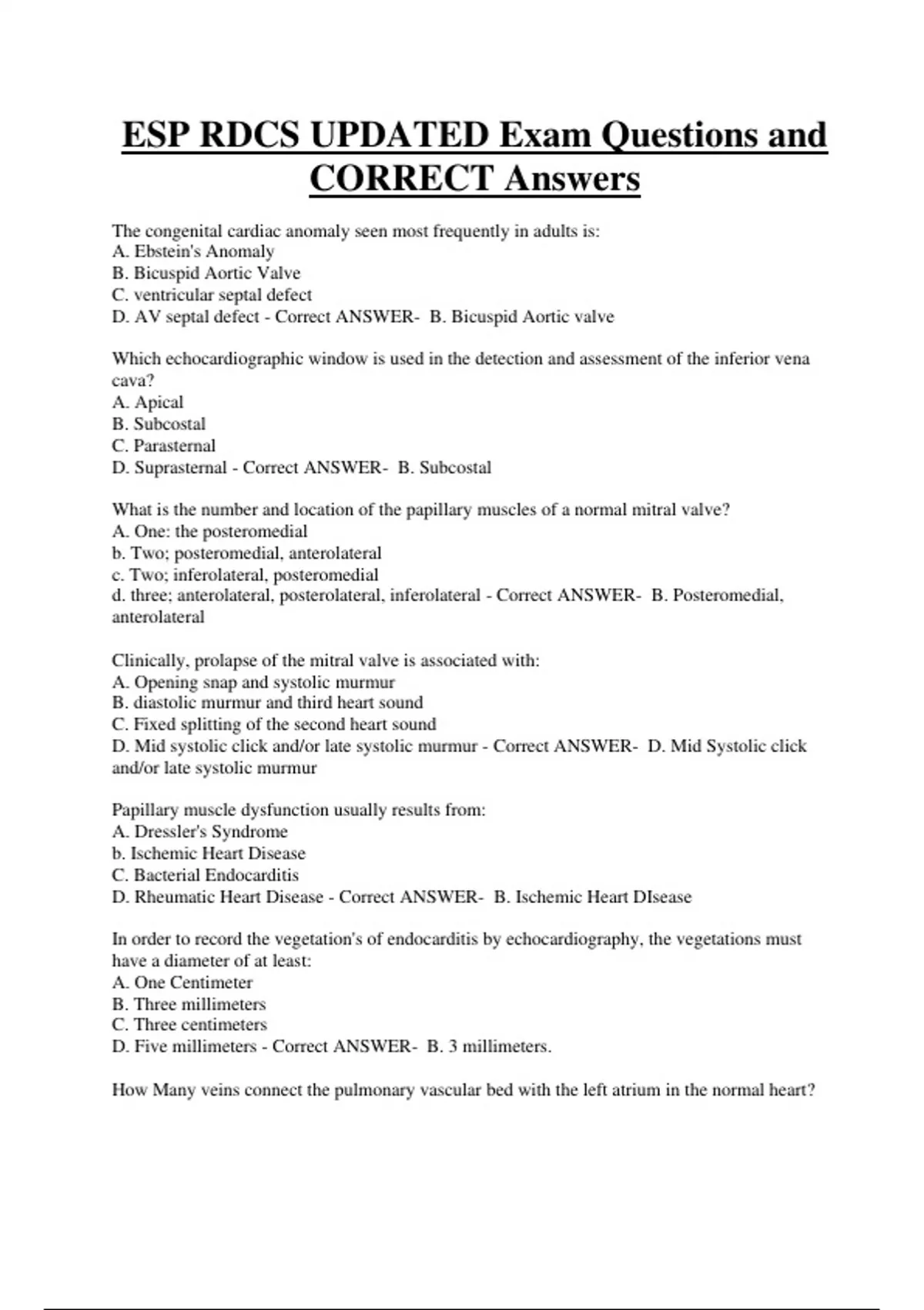 ESP RDCS UPDATED Exam Questions and CORRECT Answers - RDCS - Registered ...