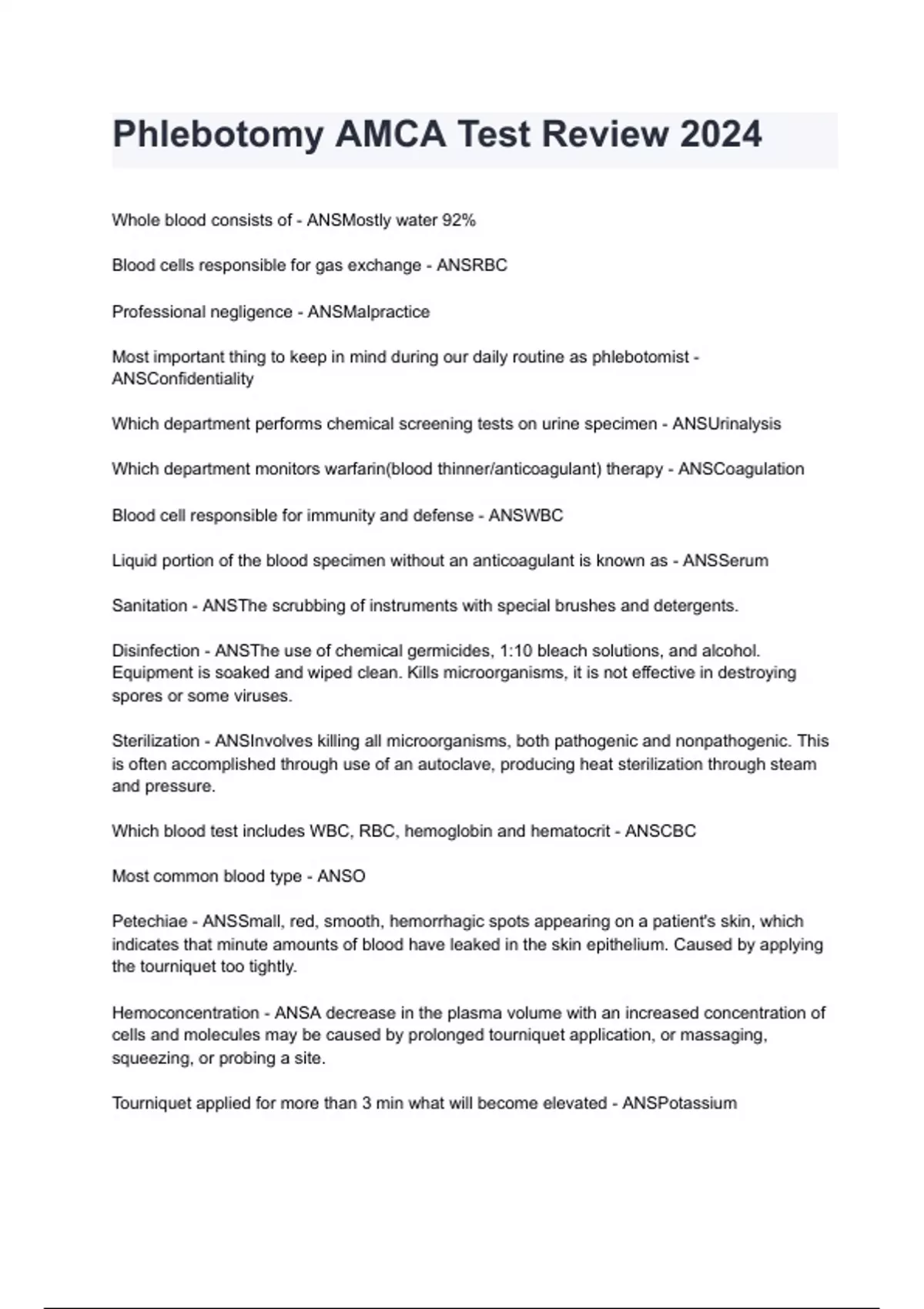 Phlebotomy AMCA Test Review 2024 questions and answers graded A+ by ...