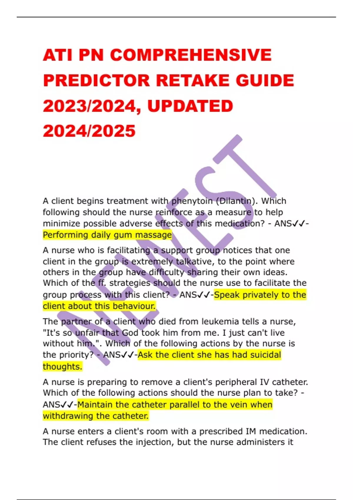 ATI PN COMPREHENSIVE PREDICTOR RETAKE GUIDE 2023/2024, UPDATED 2024/2025 - ATI PN COMPREHENSIVE ...