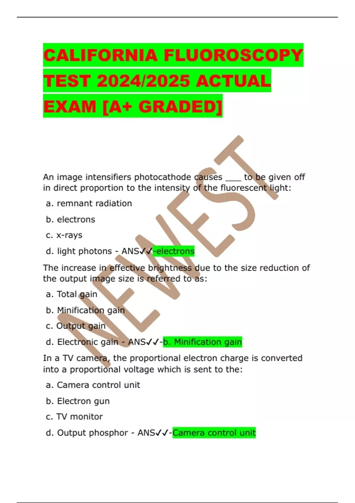 CALIFORNIA FLUOROSCOPY TEST 2024/2025 ACTUAL EXAM [A+ GRADED ...