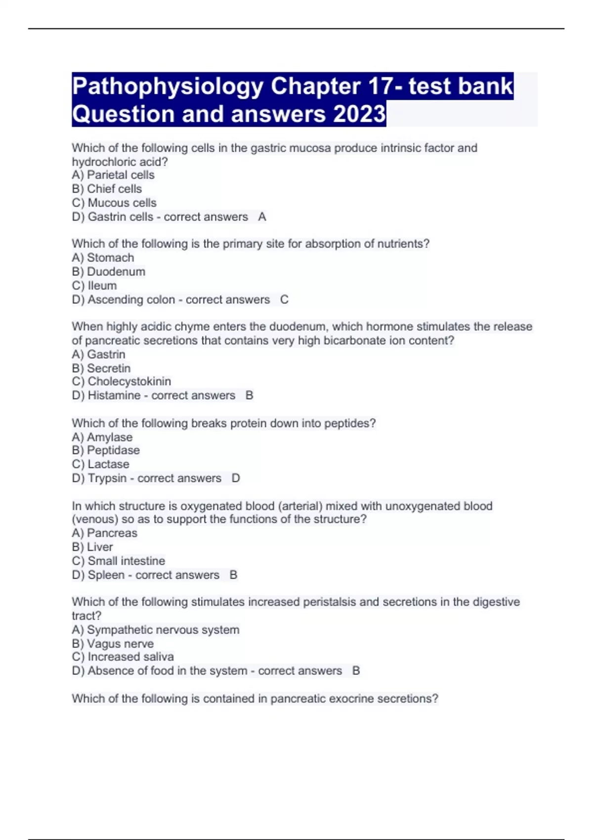 Pathophysiology Chapter 17 questions with complete solutions 2024 - Pathophysiology - Stuvia US