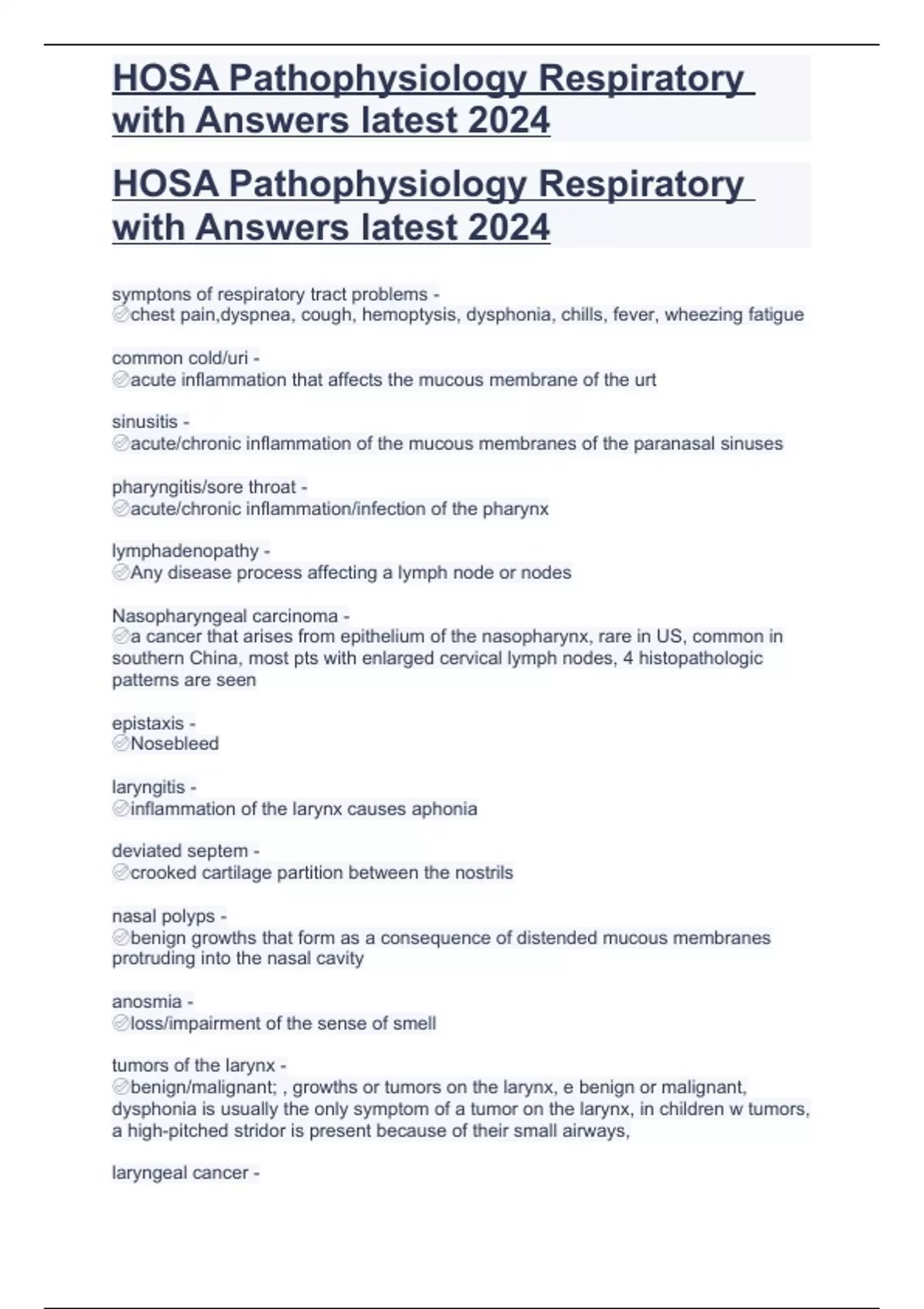 HOSA Pathophysiology Respiratory with Answers latest 2024 - HOSA ...