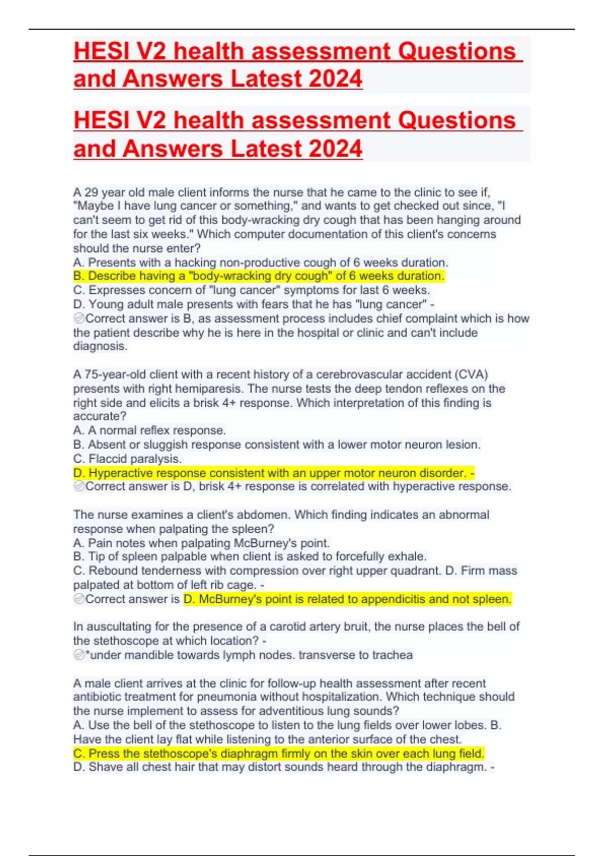 HESI V2 health assessment Questions and Answers Latest 2024 - HESI V2 ...