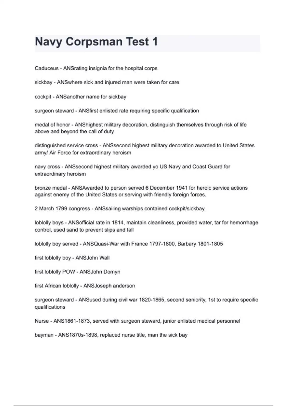 Navy Corpsman Test 1 questions and answers graded A+ by experts 2024/ ...