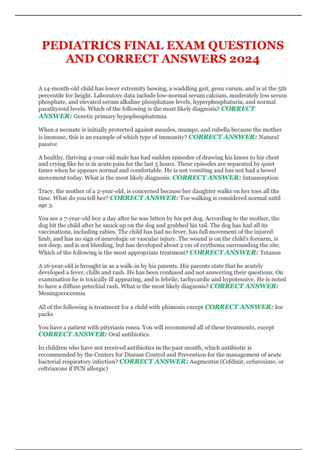 PEDIATRICS FINAL EXAM QUESTIONS AND CORRECT ANSWERS 2024 - Pediatrics ...