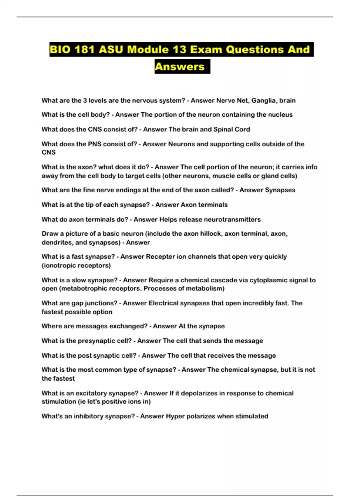 BIO 181 ASU Module 13 Exam Questions And Answers - BIO 181 ASU - Stuvia US