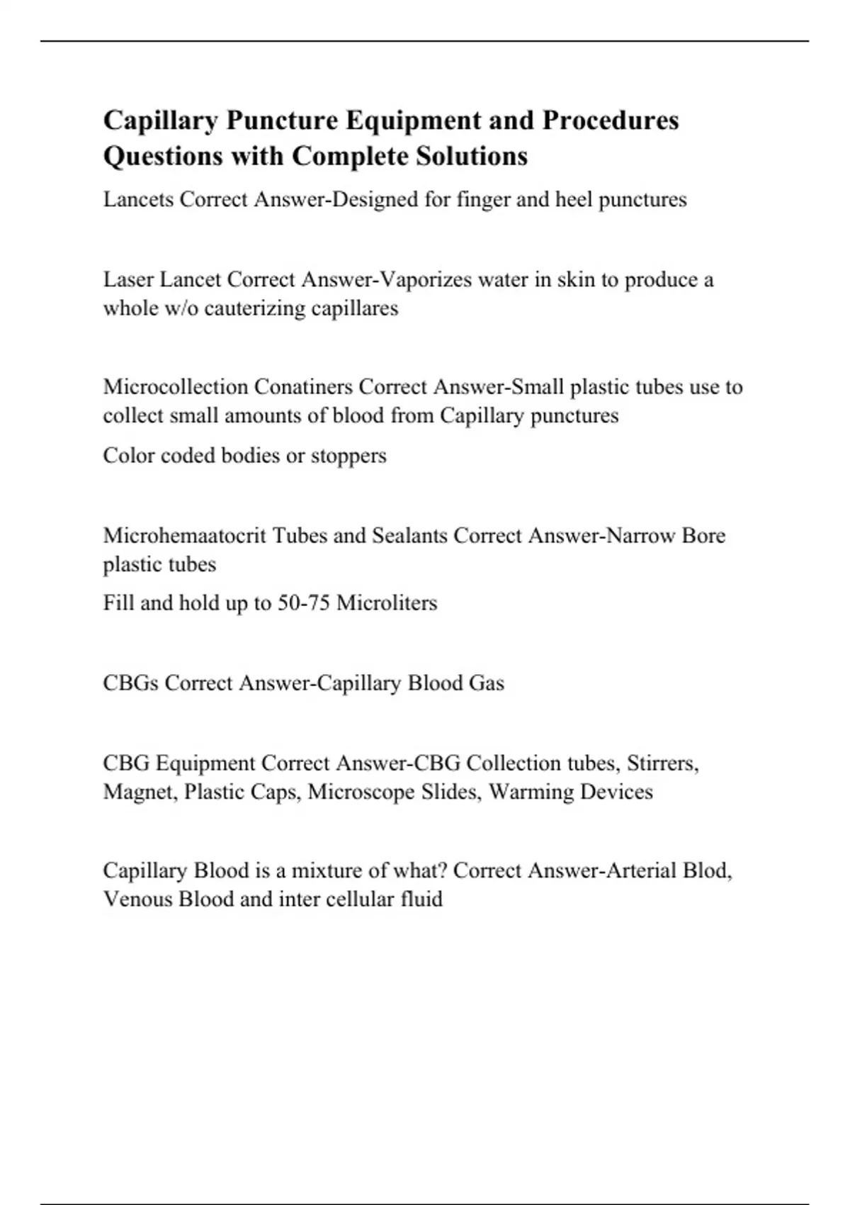 Capillary Puncture Equipment and Procedures Questions with Complete ...