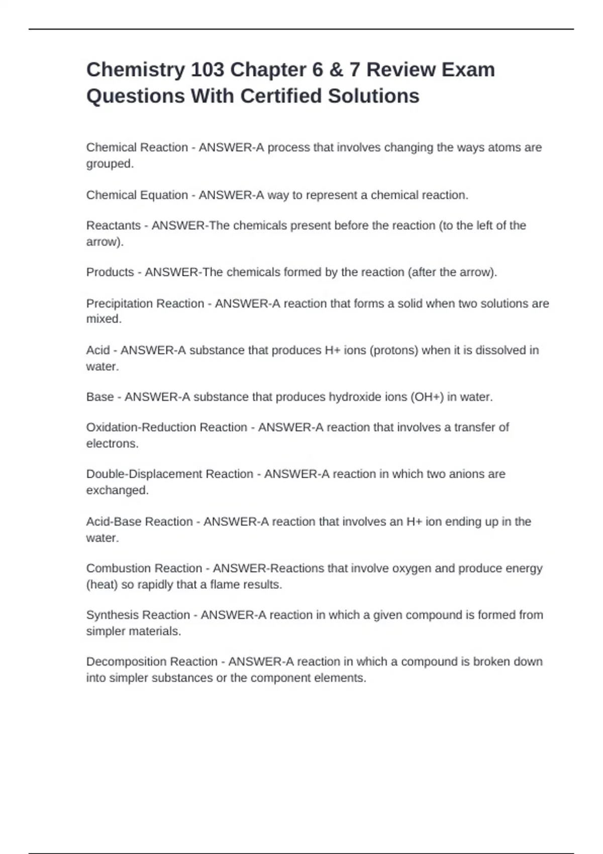 Chemistry 103 Chapter 6 & 7 Review Exam Questions With Certified ...