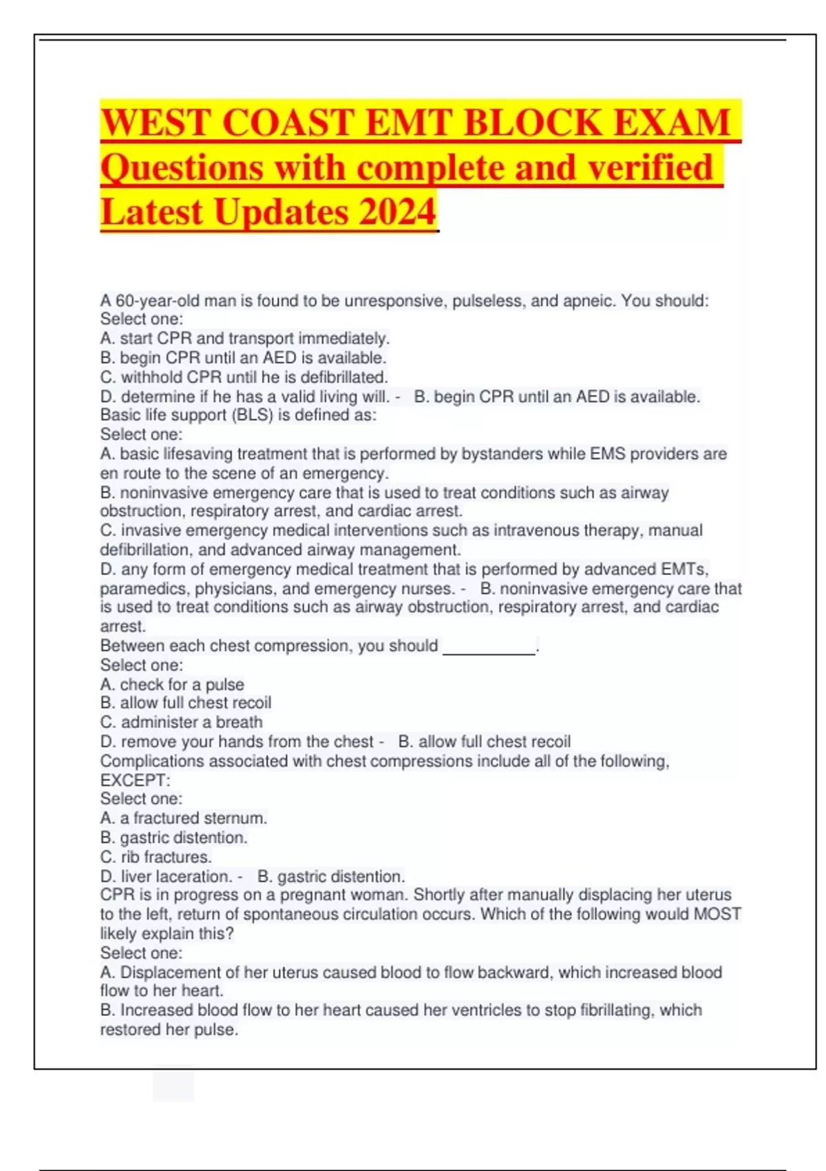 WEST COAST EMT BLOCK EXAM Questions with complete and verified Latest ...