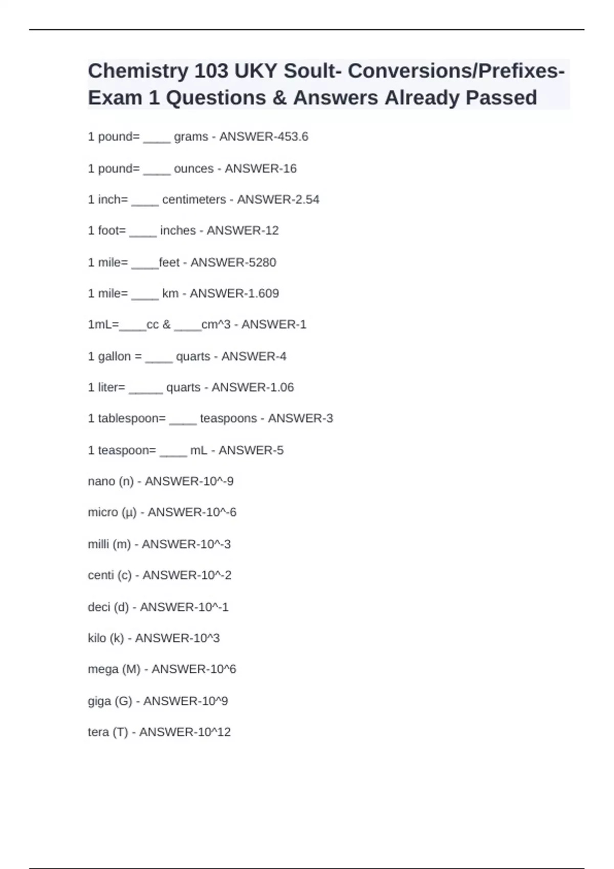 Chemistry 103 UKY Soult- Conversions/Prefixes- Exam 1 Questions ...