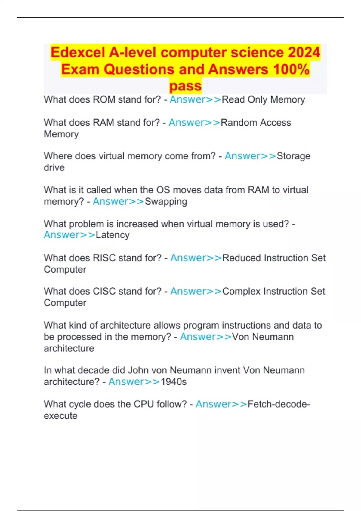 Edexcel A-level computer science 2024 Exam Questions and Answers 100% pass - Edexcel A-level ...