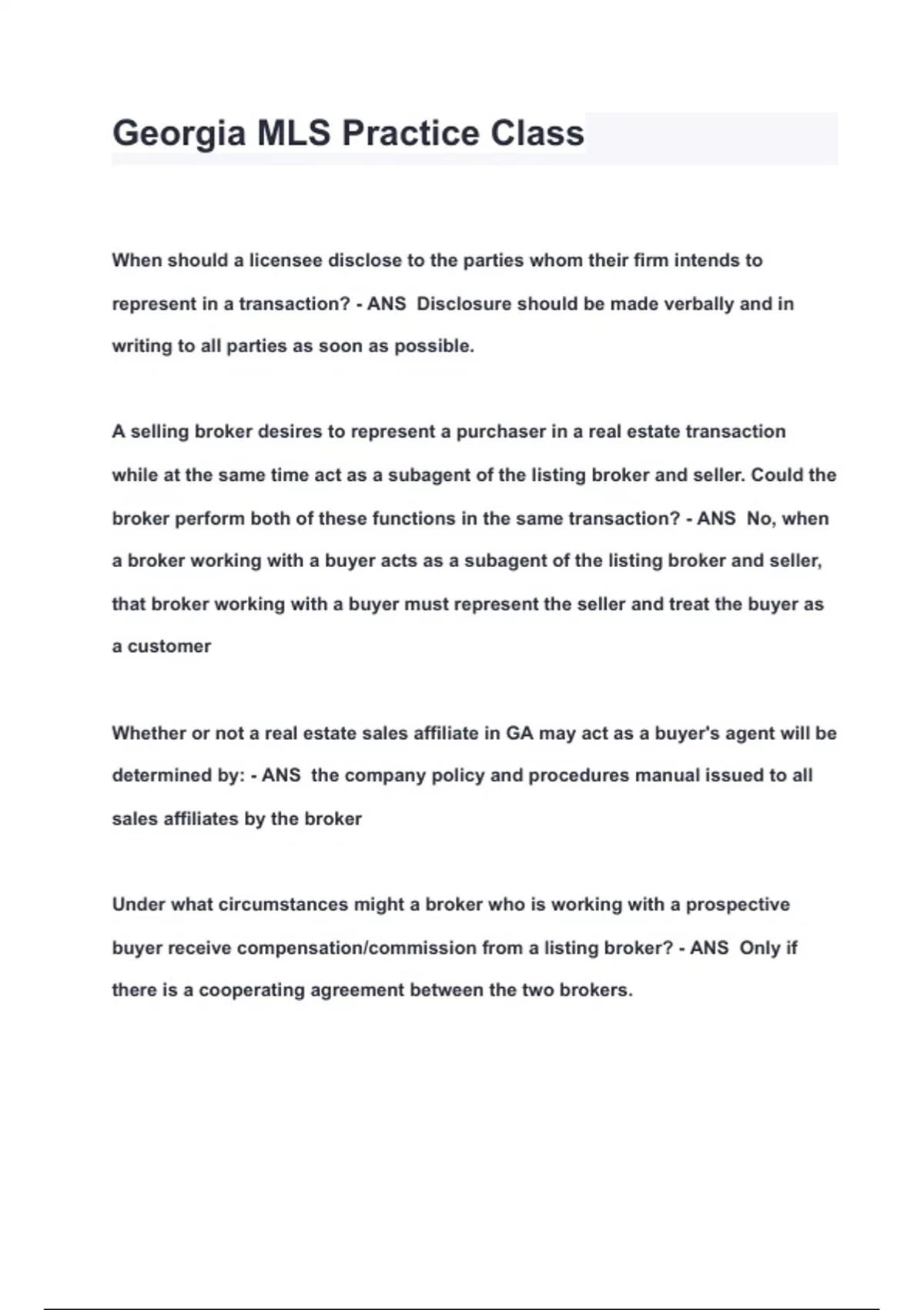 Georgia MLS Practice Class QUESTIONS & ANSWERS 2024 ( A+ GRADED 100% ...