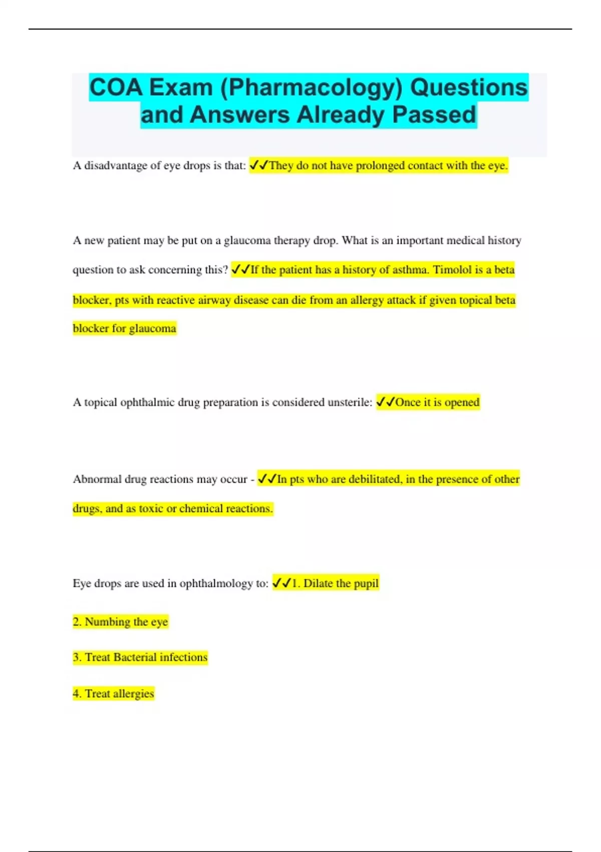 COA Exam (Pharmacology) Questions and Answers Already Passed - COA - Stuvia US