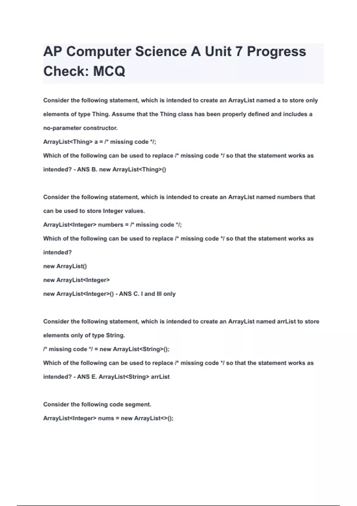 AP Computer Science A Unit 7 Progress Check: MCQ Questions & Answers 2024 ( A+ GRADED 100% ...