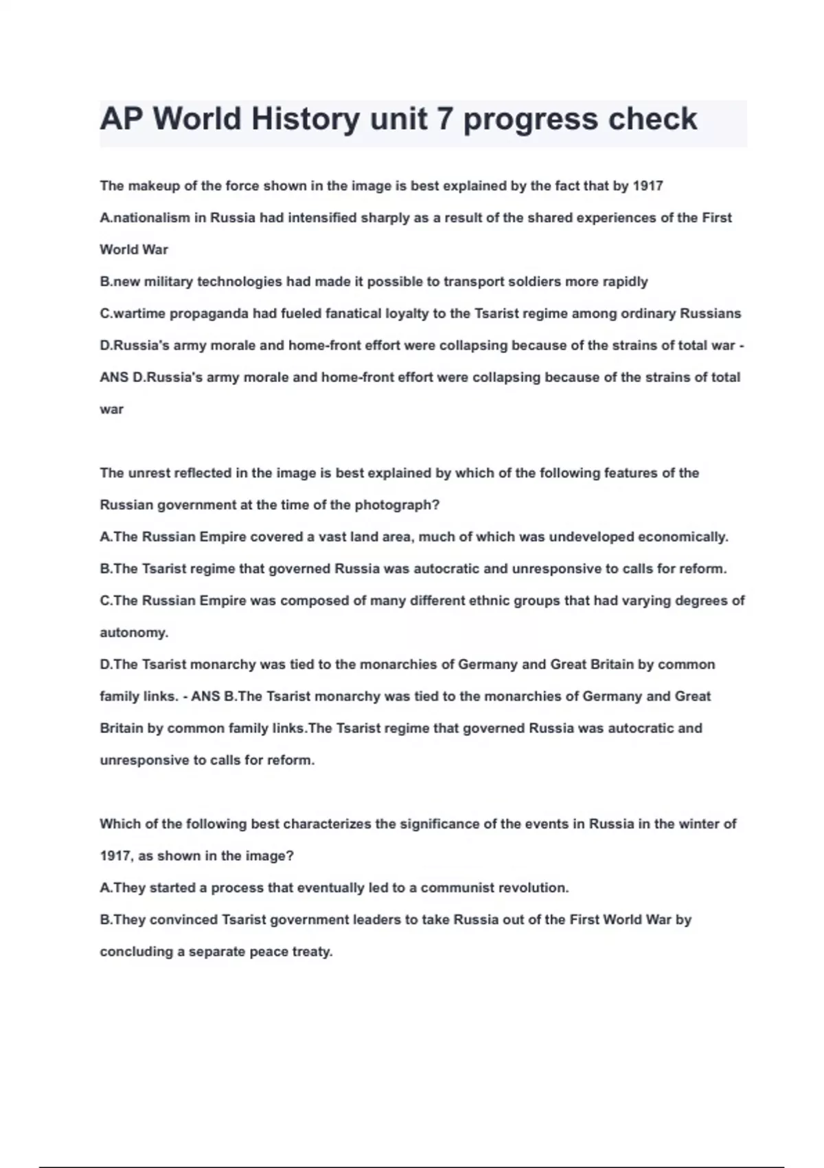 AP World History unit 7 progress check Questions & Answers 2024 ( A+ ...