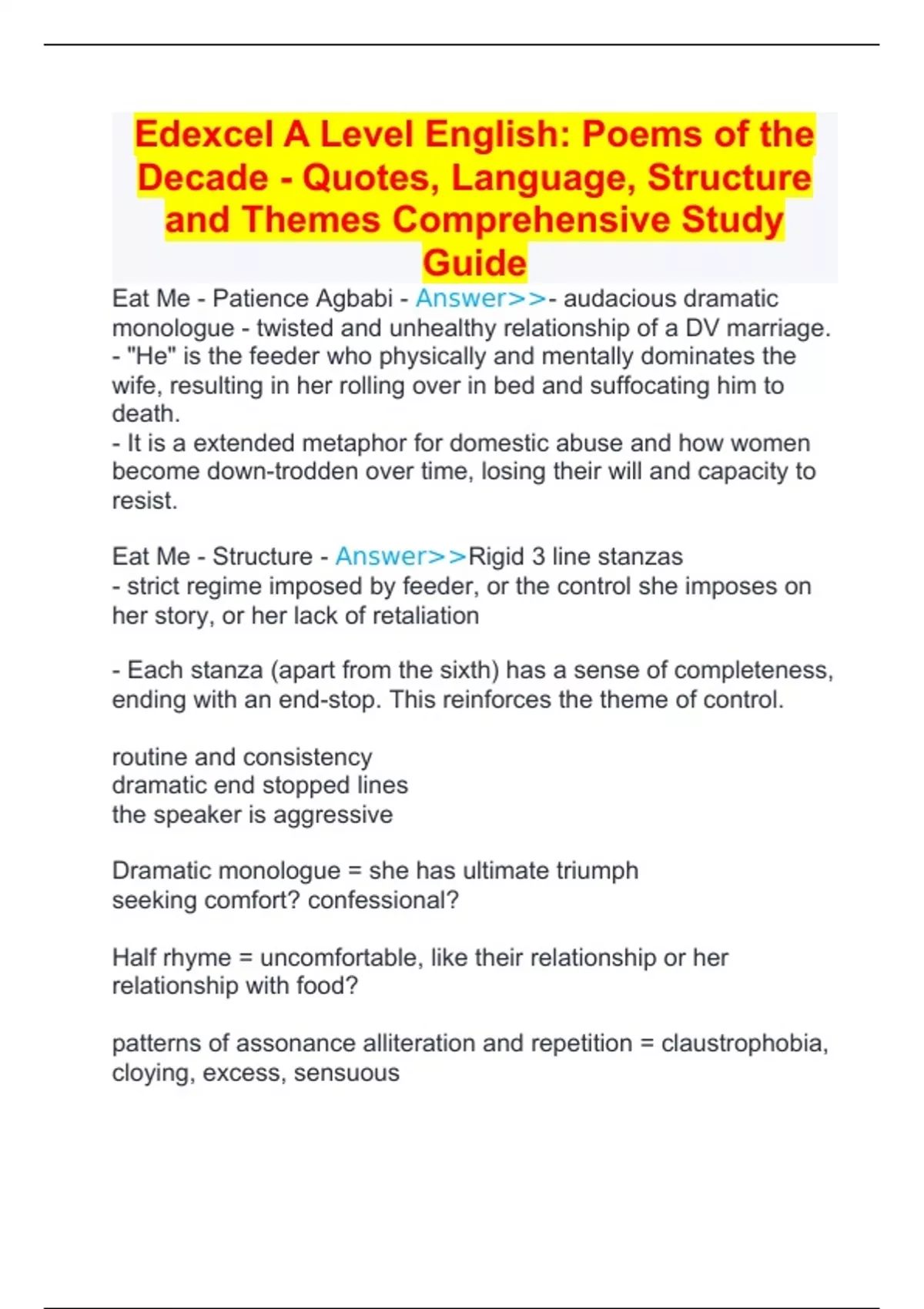 Edexcel A Level English: Poems of the Decade - Quotes, Language ...