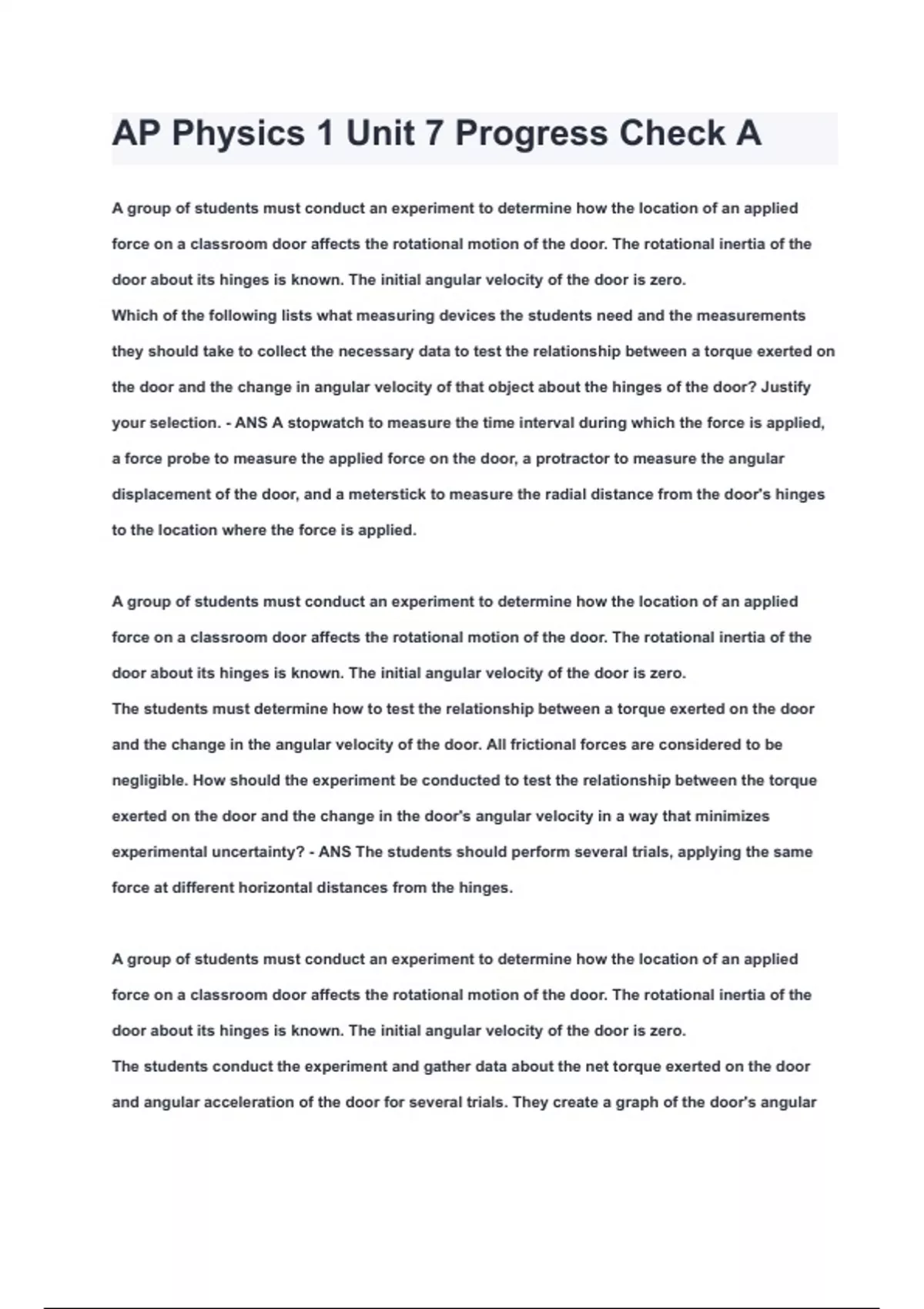 AP Physics 1 Unit 7 Progress Check A Questions & Answers 2024 ( A+ ...