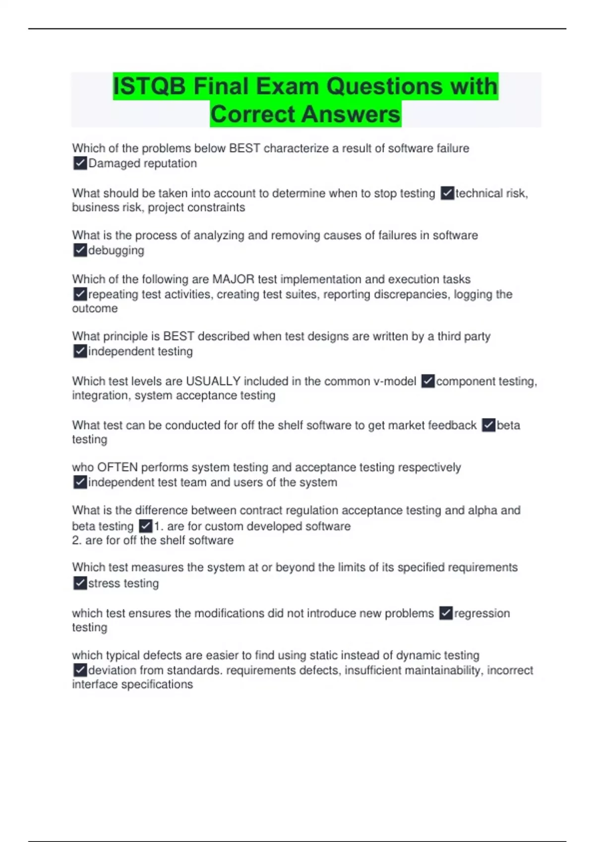 Istqb Final Exam Questions With Correct Answers Istqb Certification Stuvia Us