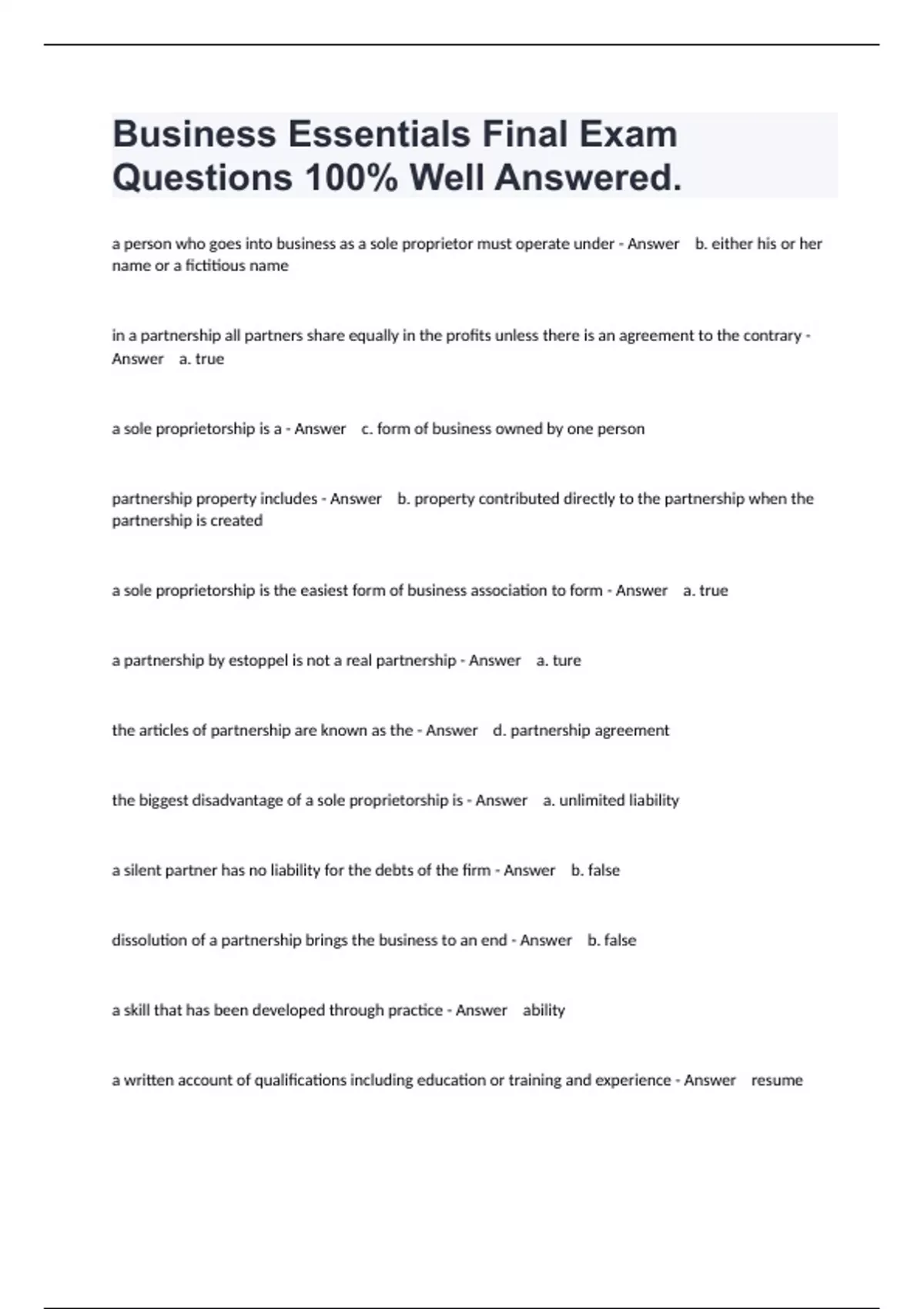 Business Essentials Final Exam Questions 100% Well Answered. - Business ...