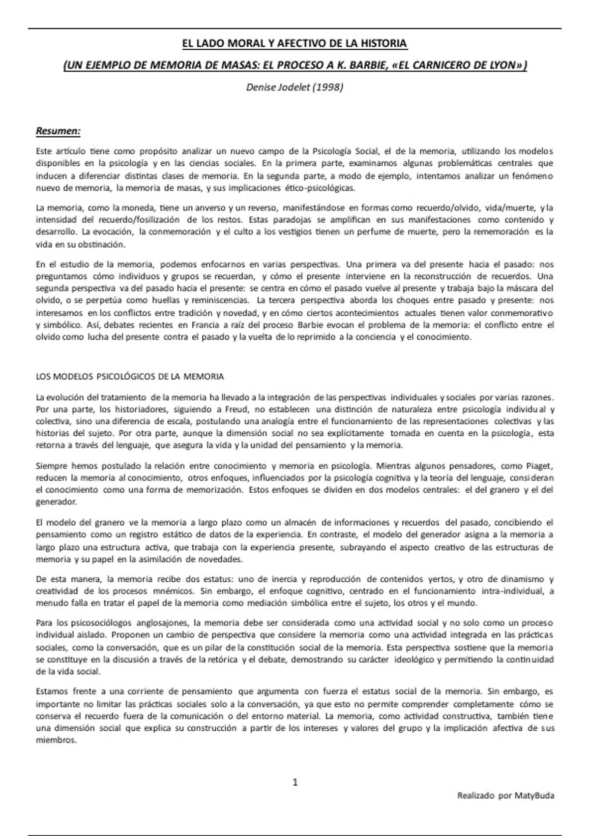 Sumario Resumen 'El Lado Moral y Afectivo de la Historia' de Jodelet ...