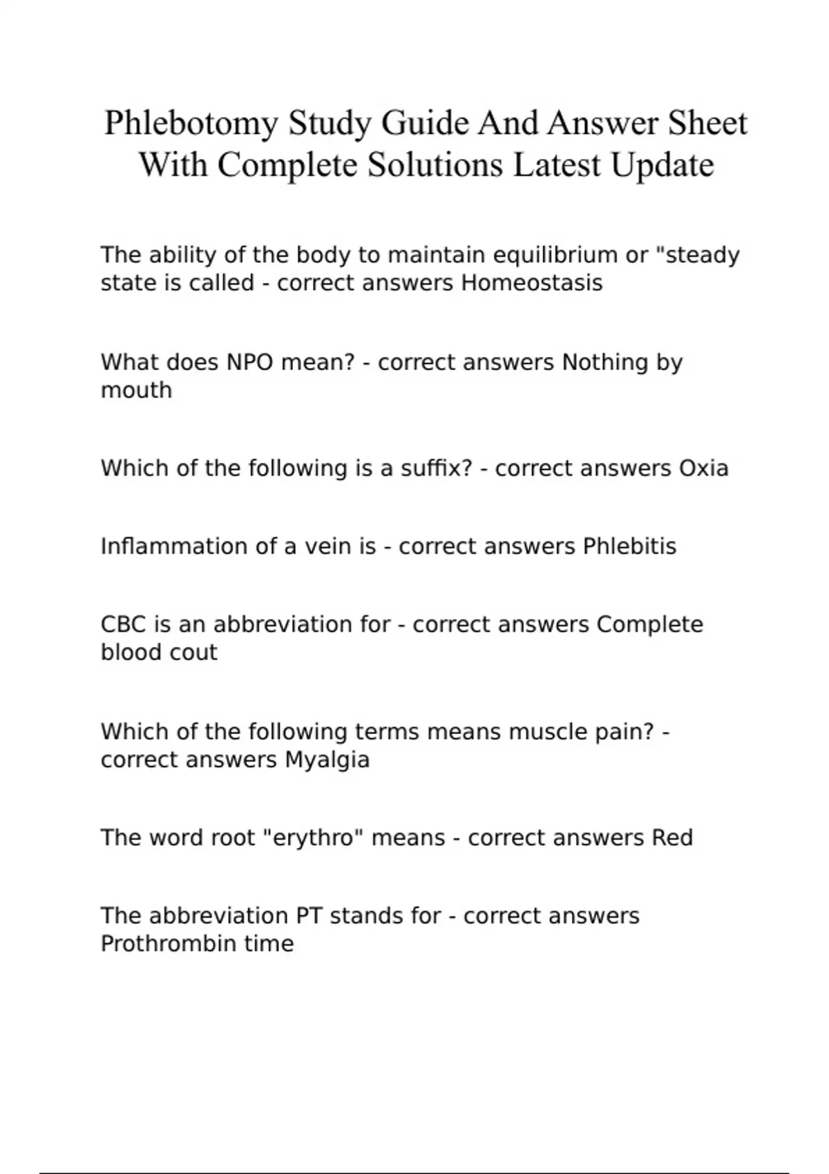 Phlebotomy Study Guide And Answer Sheet With Complete Solutions Latest ...