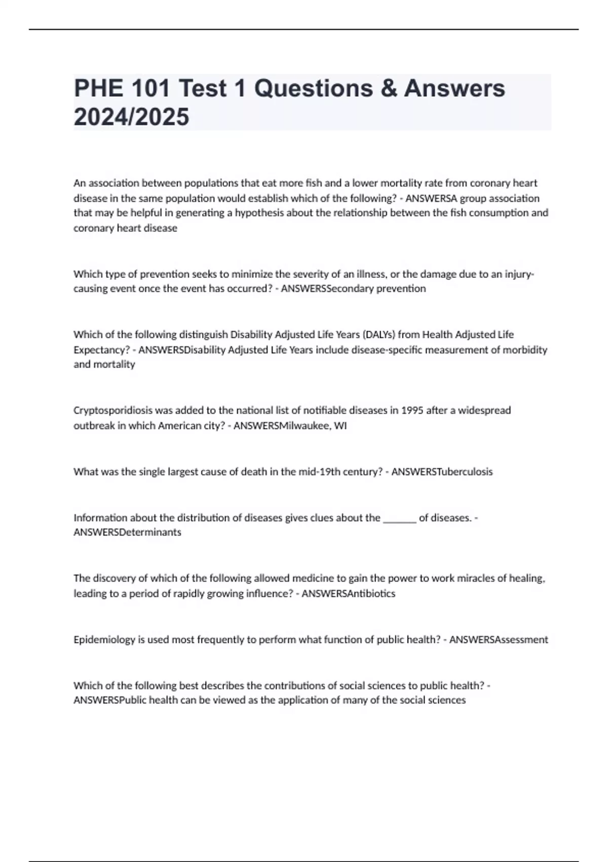 PHE 101 Test 1 Questions & Answers 2024/2025 - PHE 101 - Stuvia US