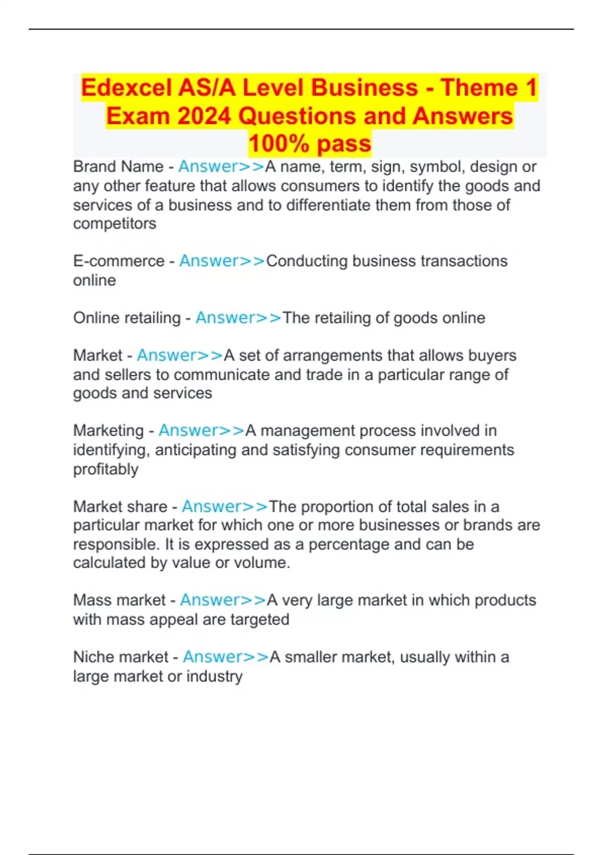 Edexcel AS/A Level Business - Theme 1 Exam 2024 Questions and Answers ...