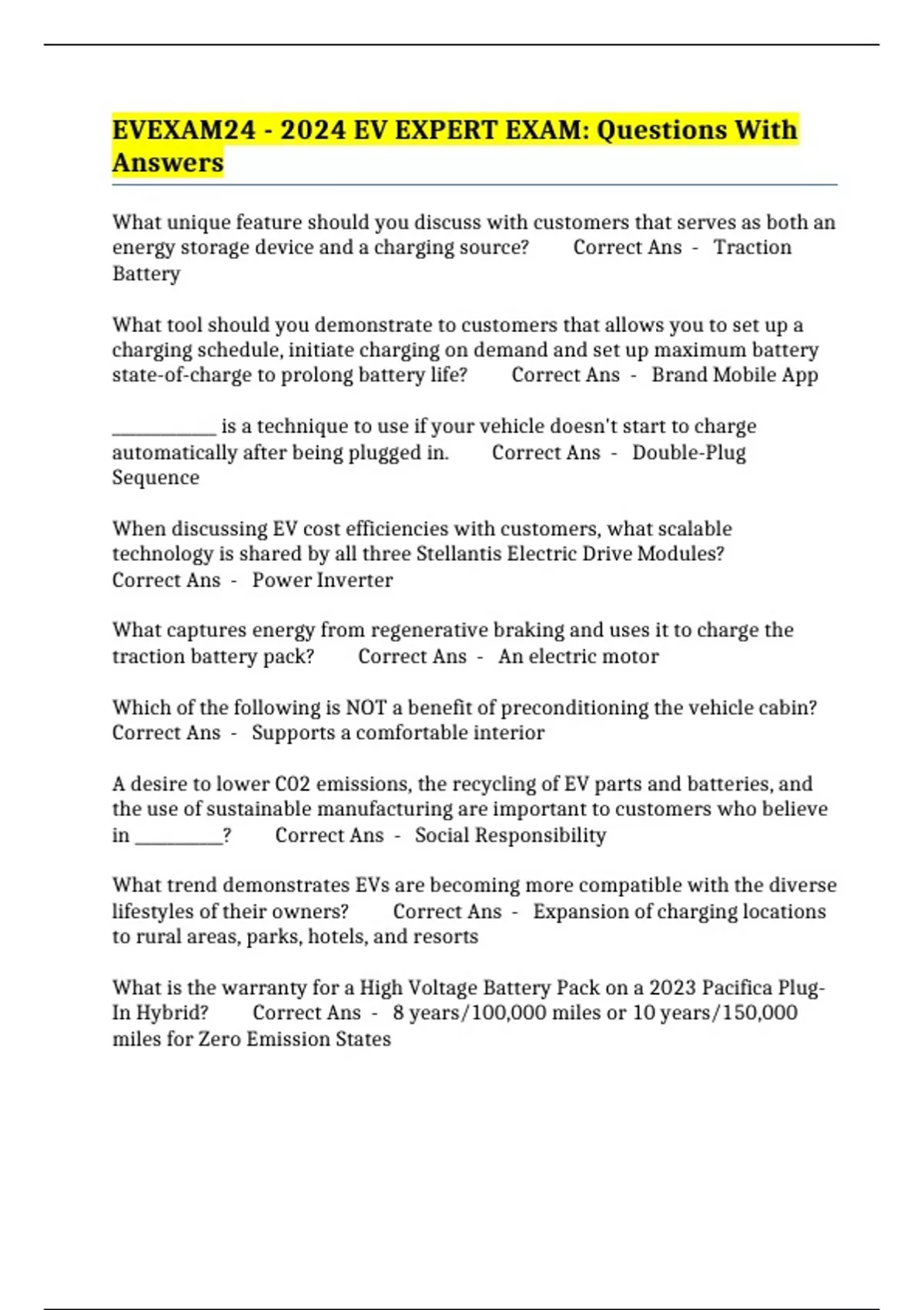 EVEXAM24 - 2024 EV EXPERT EXAM: Questions With Answers - ELECTRIC VEHICLES - Stuvia US