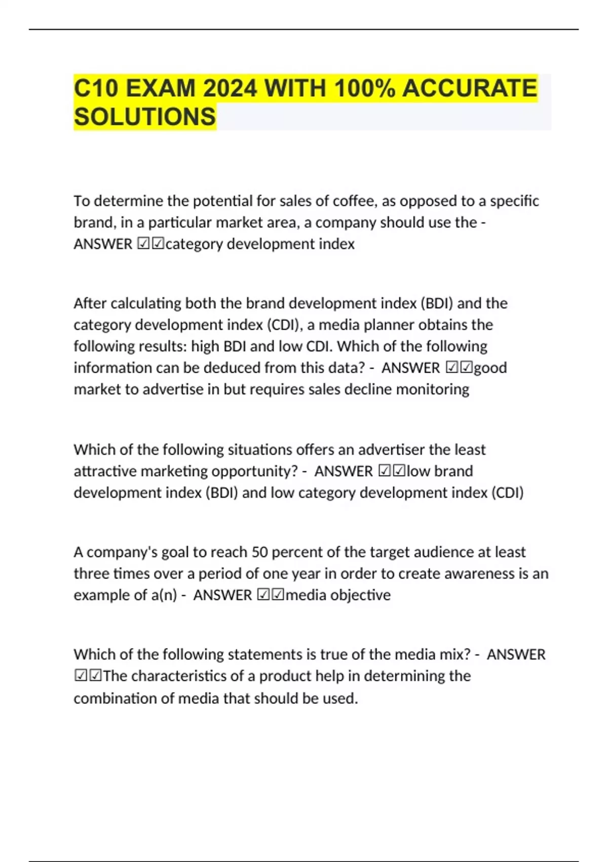 C10 EXAM 2024 WITH 100% ACCURATE SOLUTIONS - C20 - Stuvia US