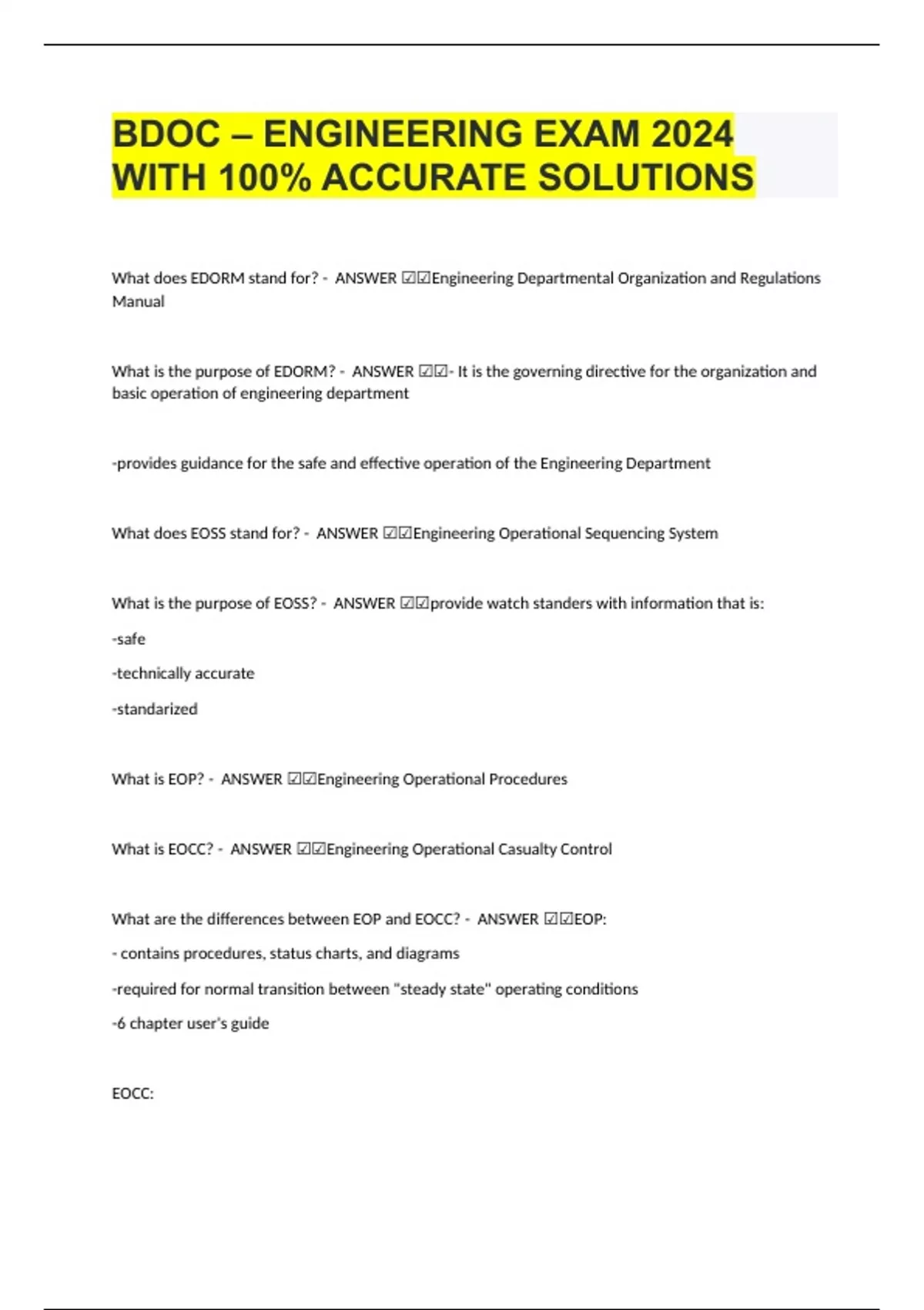 BDOC – ENGINEERING EXAM 2024 WITH 100% ACCURATE SOLUTIONS - ENGINEERING ...