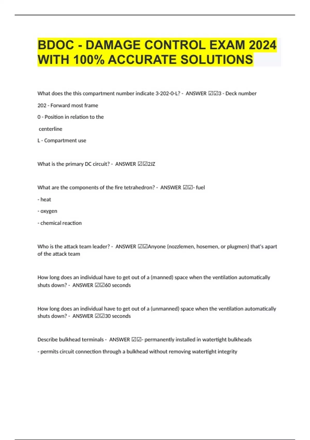 BDOC - DAMAGE CONTROL EXAM 2024 WITH 100% ACCURATE SOLUTIONS ...