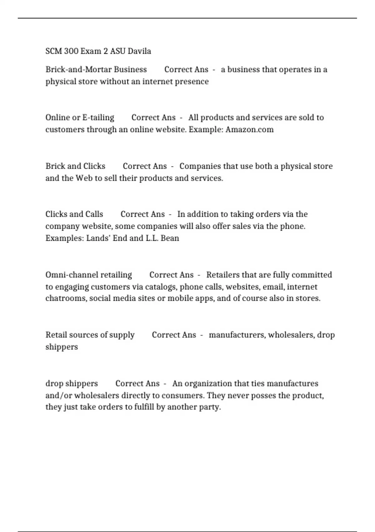 SCM 300 Exam 2 ASU Davila: Questions/Answers (A+) - SCM - Stuvia US