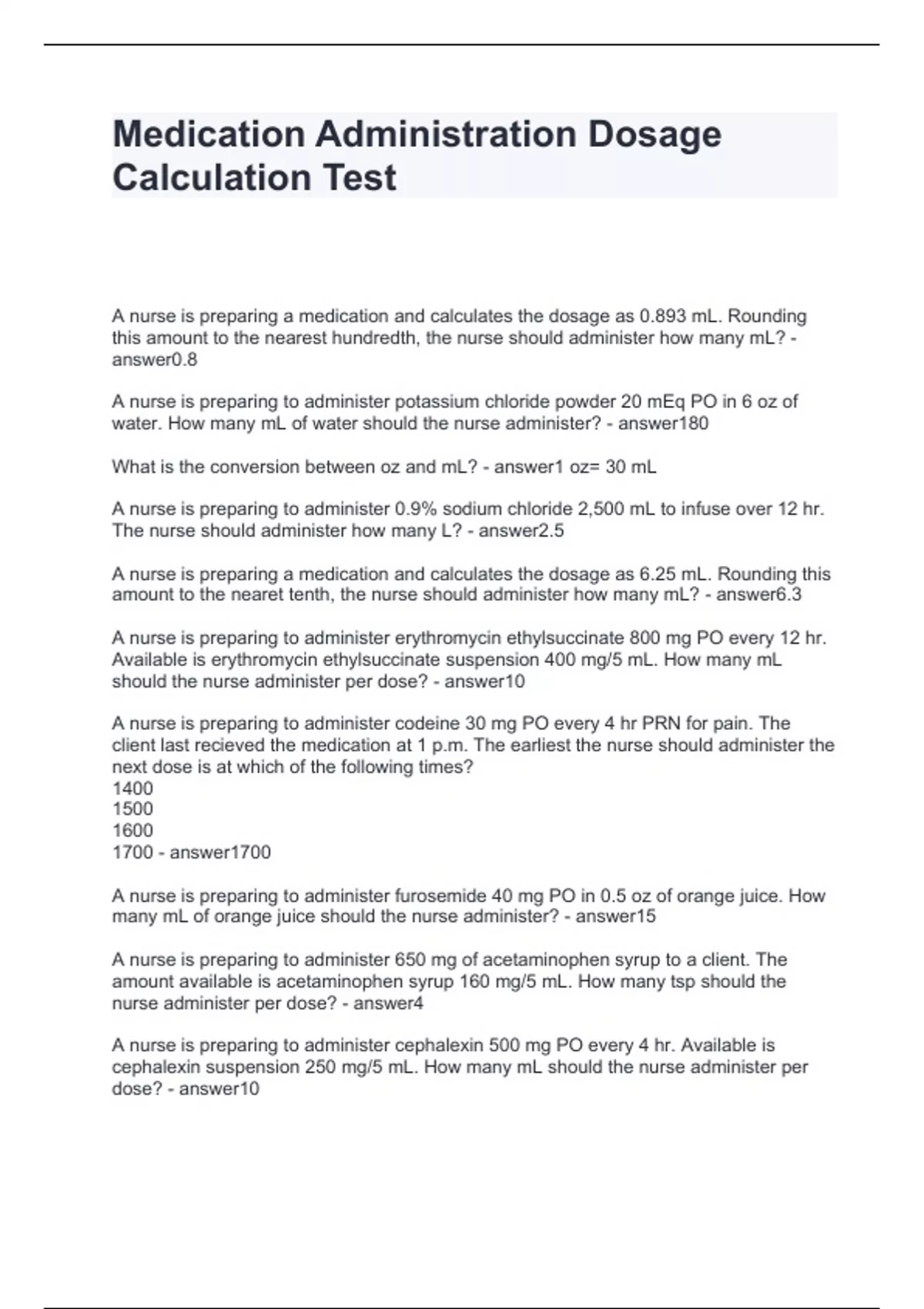 Medication Administration Dosage Calculation Test Questions and Answers ...