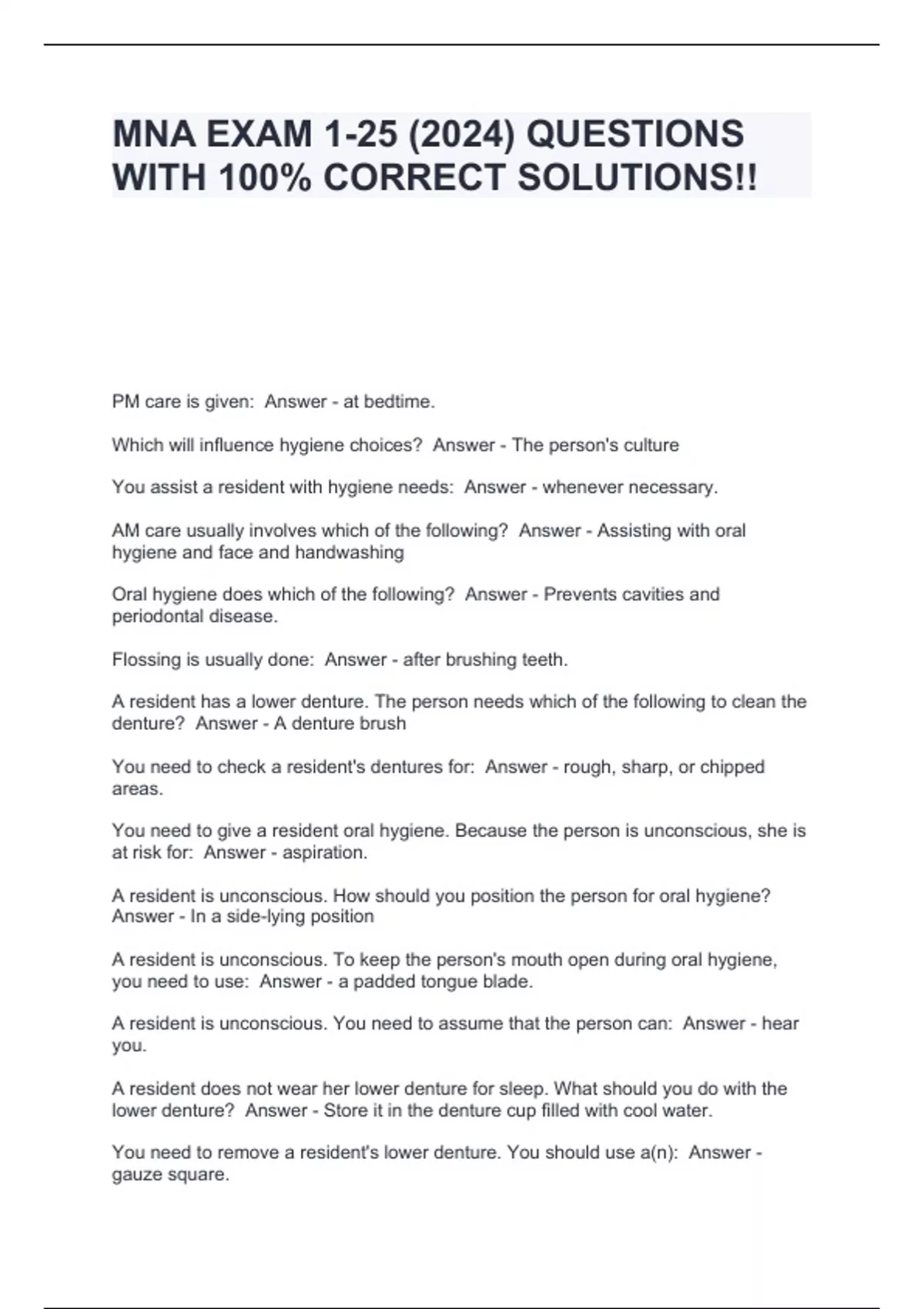 MNA EXAM 1-25 (2024) QUESTIONS WITH 100% CORRECT SOLUTIONS!! - MNA ...