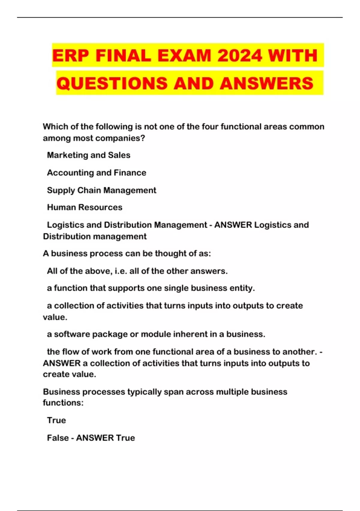 ERP FINAL EXAM 2024 WITH QUESTIONS AND ANSWERS - ERP - Stuvia US
