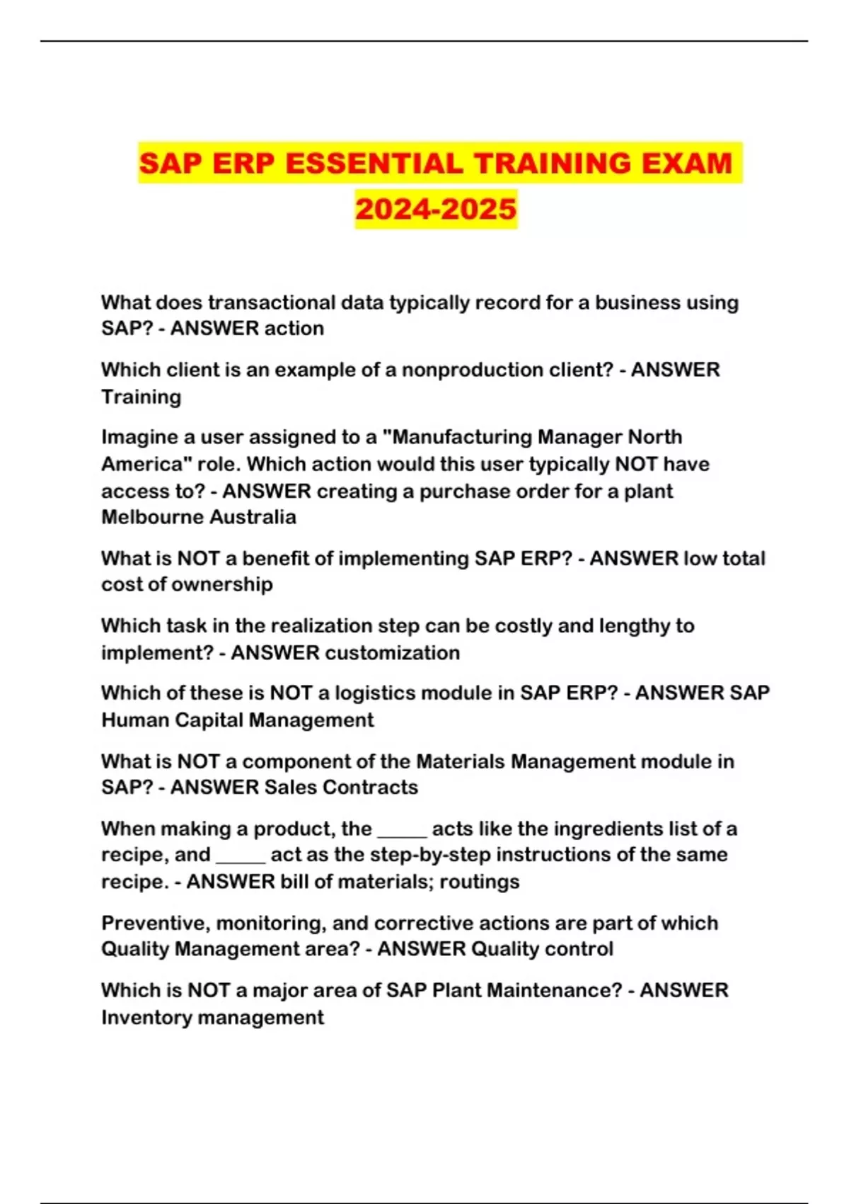 SAP ERP ESSENTIAL TRAINING EXAM - SAP ERP ESSENTIAL TRAINING - Stuvia US