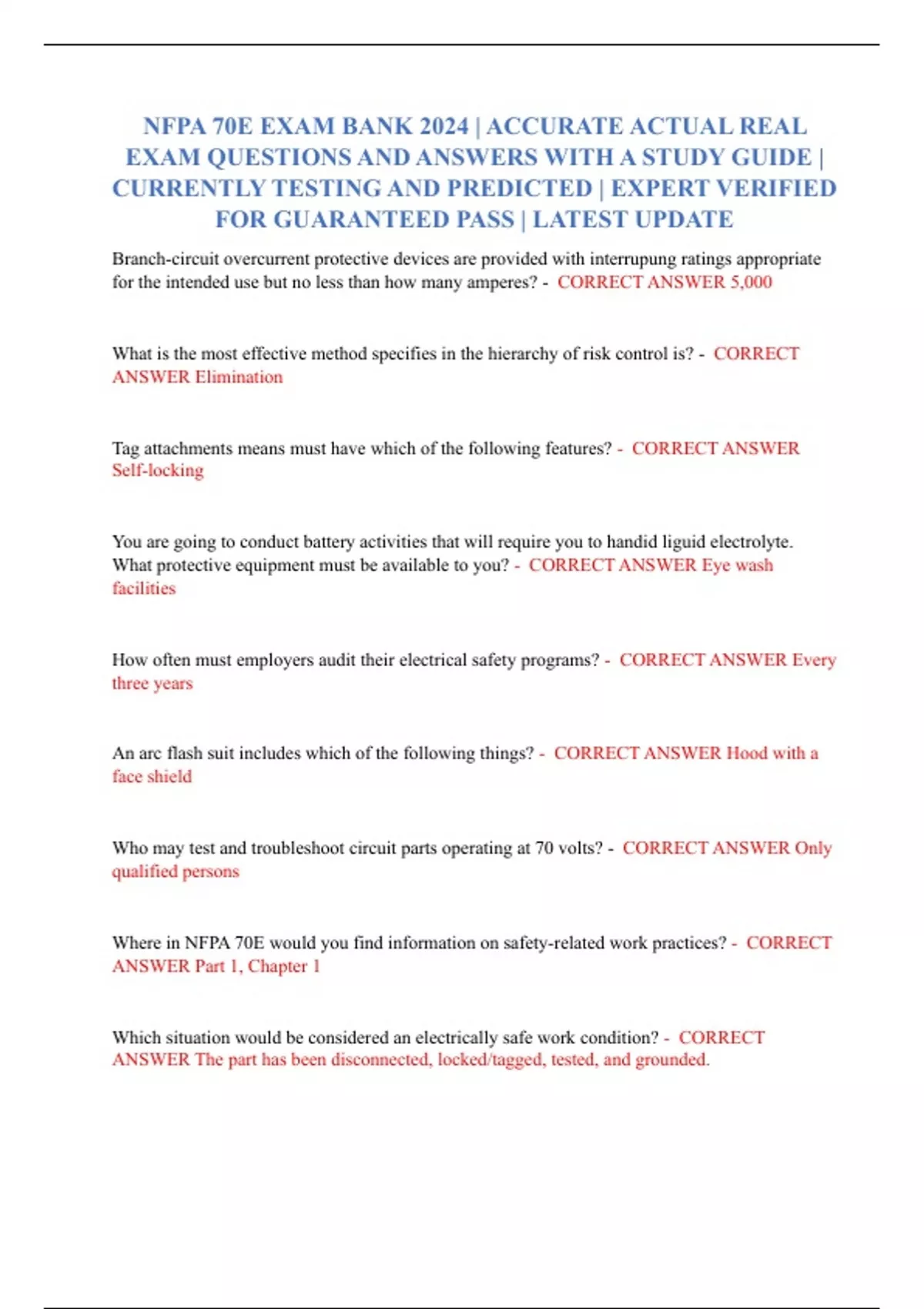 NFPA 70E EXAM BANK 2024 | ACCURATE ACTUAL REAL EXAM QUESTIONS AND ...