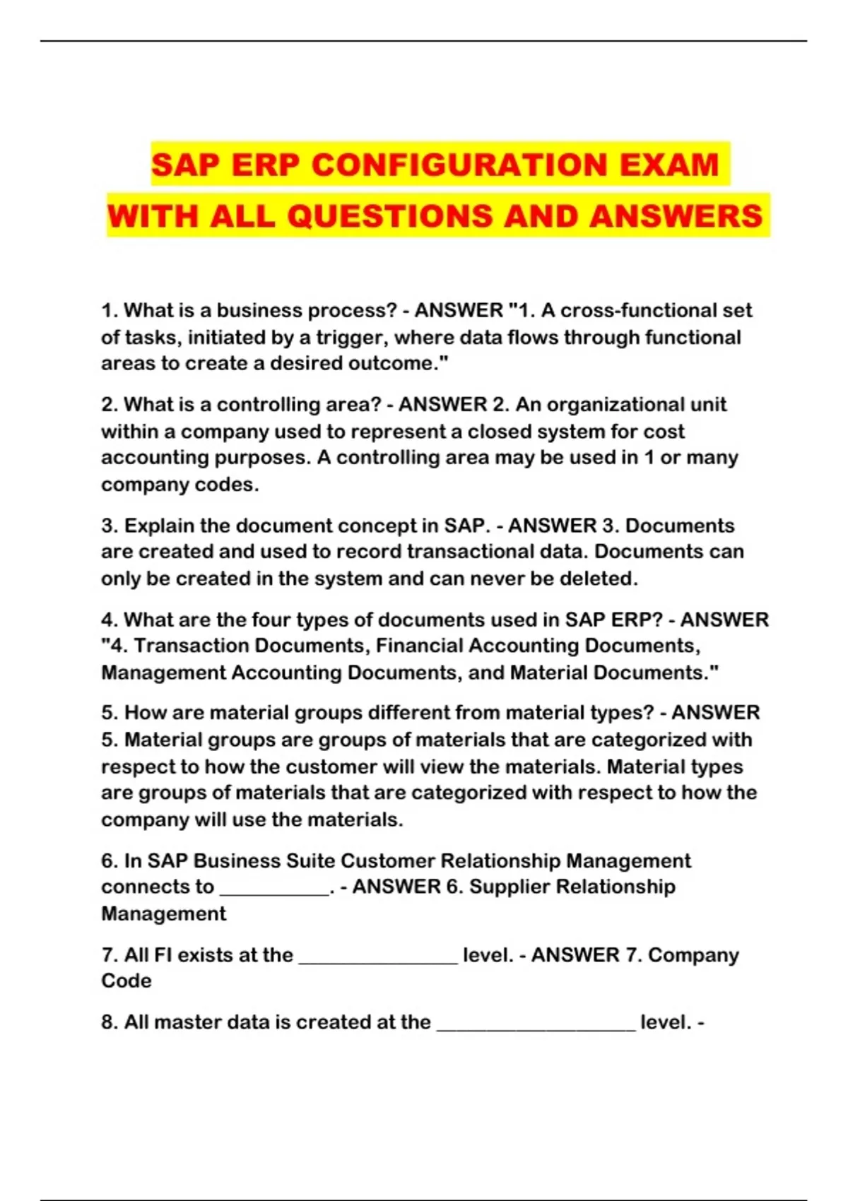 SAP ERP CONFIGURATION EXAM WITH ALL QUESTIONS AND ANSWERS - SAP ERP CONFIGURATION - Stuvia US