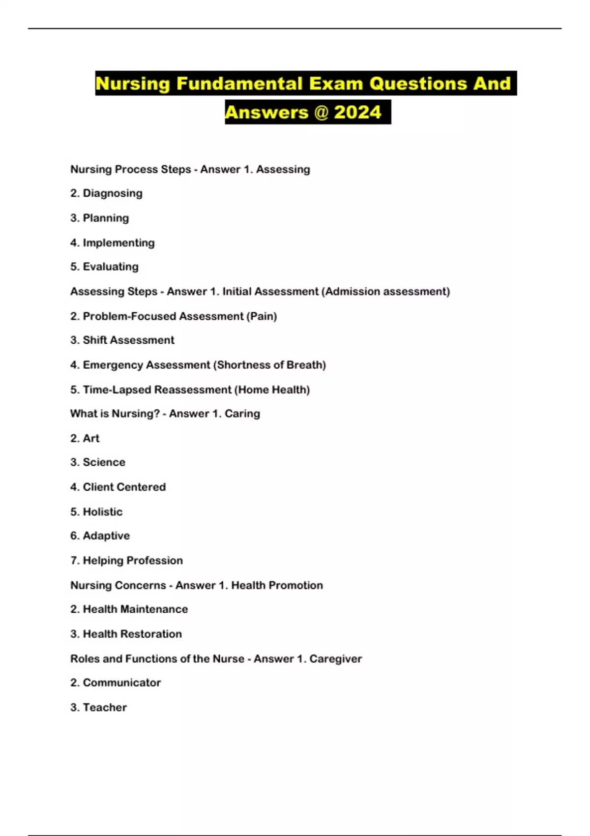 Nursing Fundamental Exam Questions And Answers @ 2024 - Nursing ...