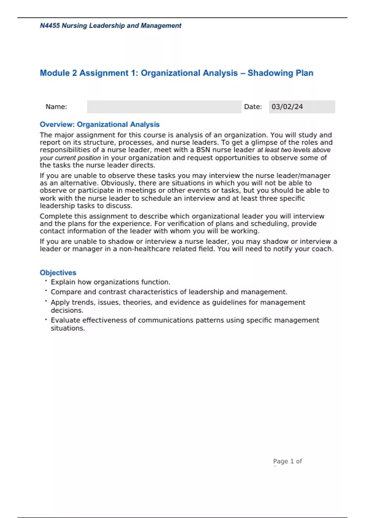 NURS 4445 Module 2 Assignment 1: Organizational Analysis – Shadowing Plan (University of Texas ...