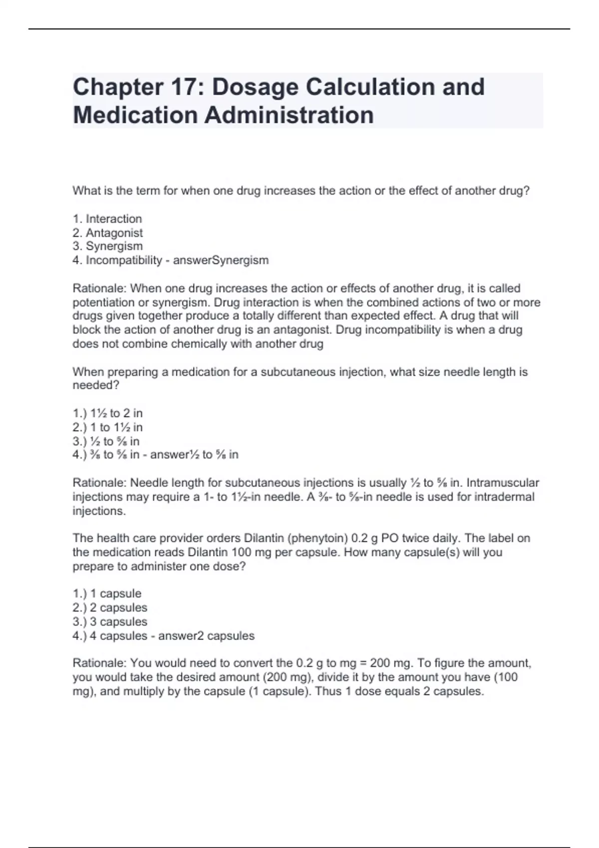 Chapter 17 Dosage Calculation And Medication Administration Questions And Answers 100 Accurate