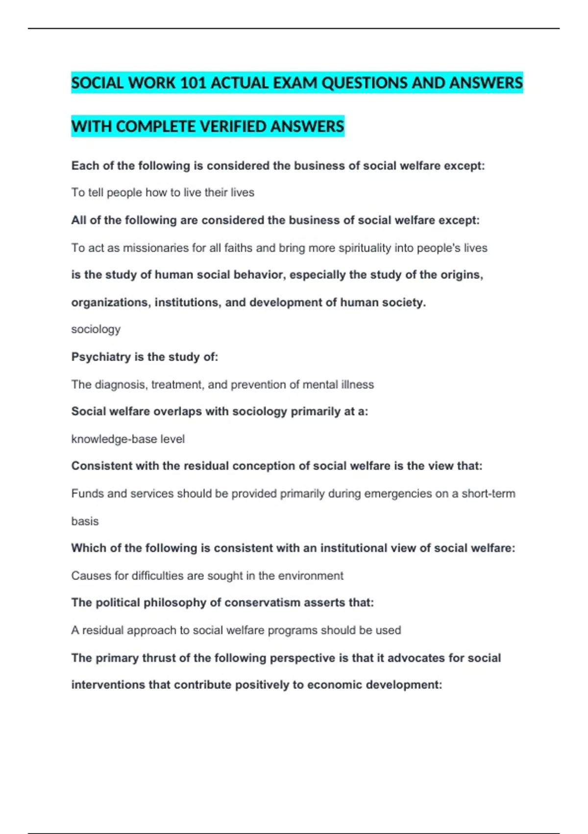 SOCIAL WORK 101 ACTUAL EXAM QUESTIONS AND ANSWERS WITH COMPLETE ...