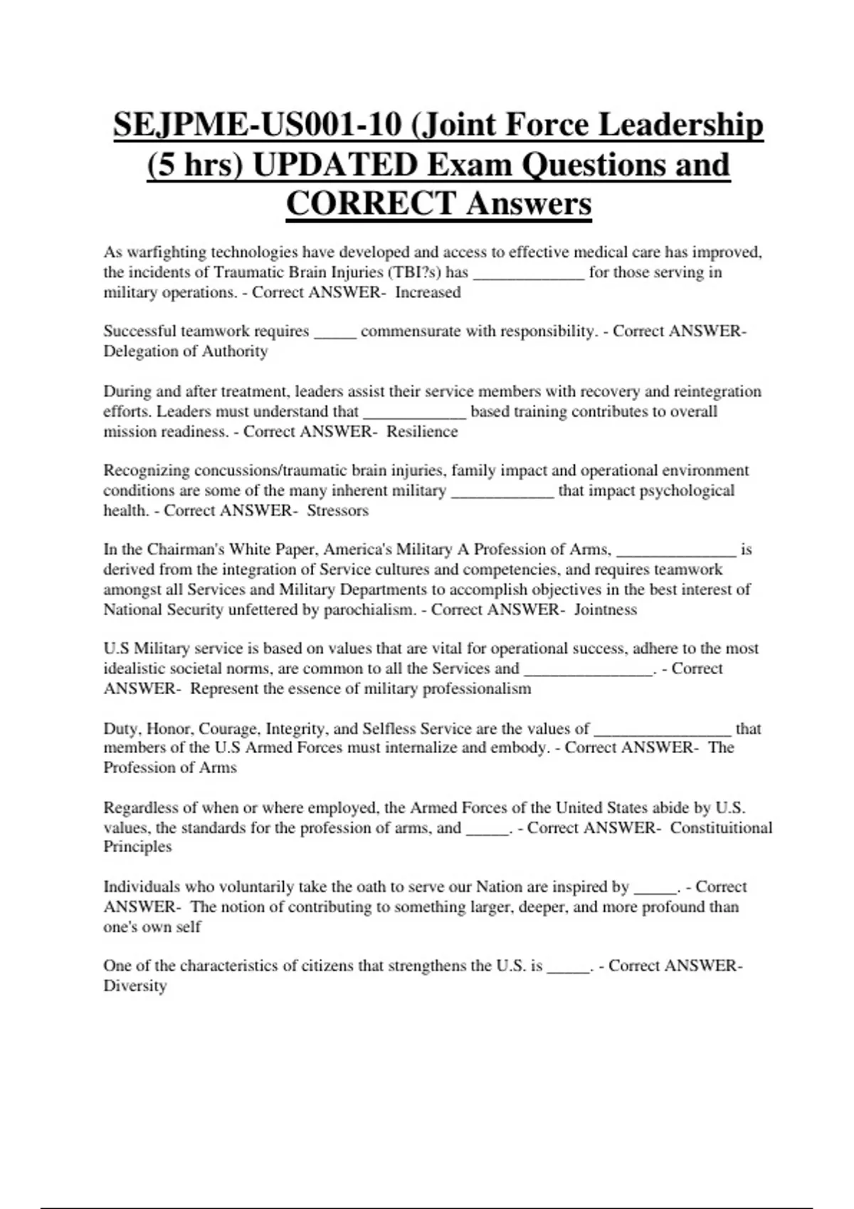 SEJPME-US001-10 (Joint Force Leadership (5 hrs) UPDATED Exam Questions ...