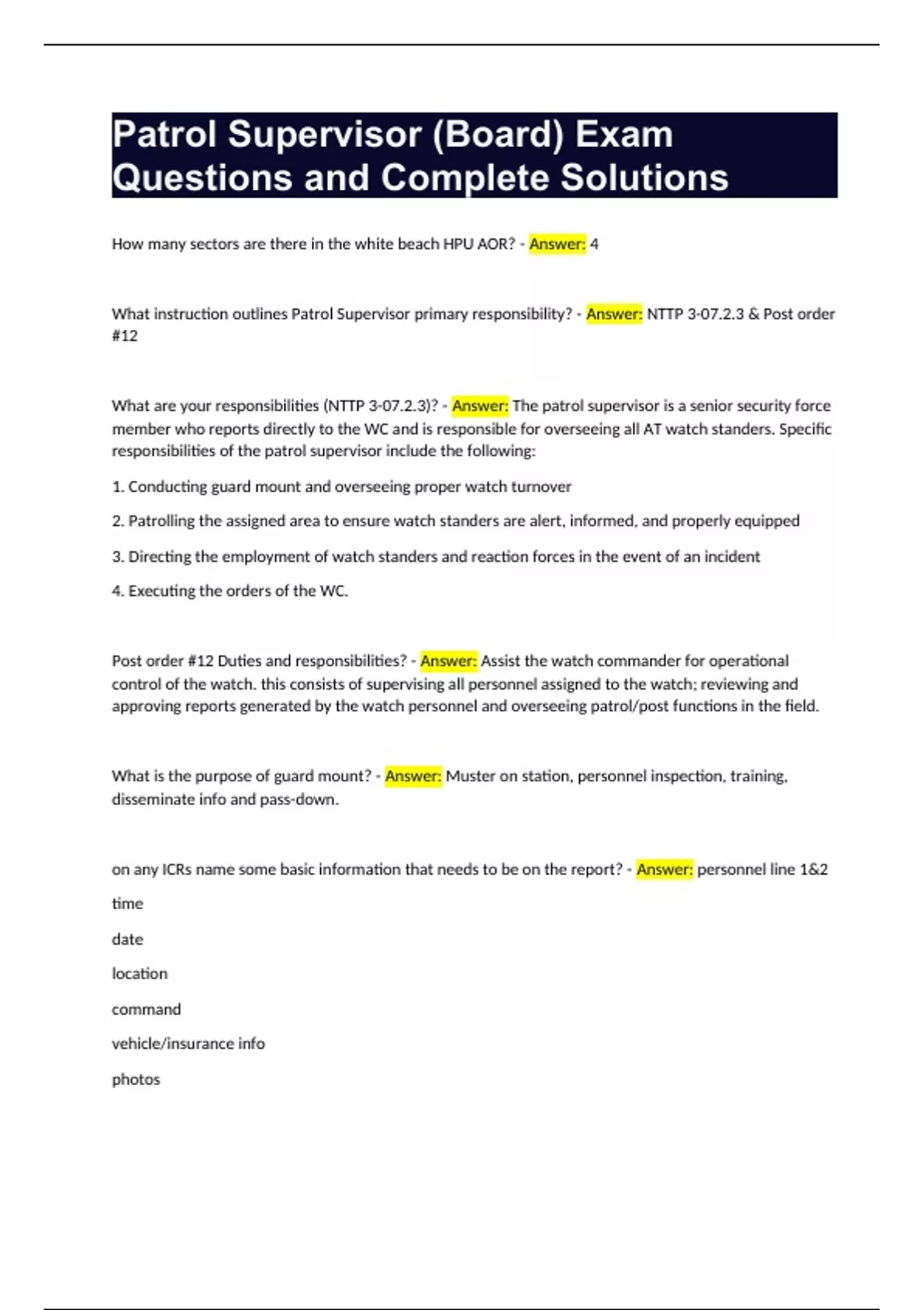 Patrol Supervisor (Board) Exam Questions and Complete Solutions ...